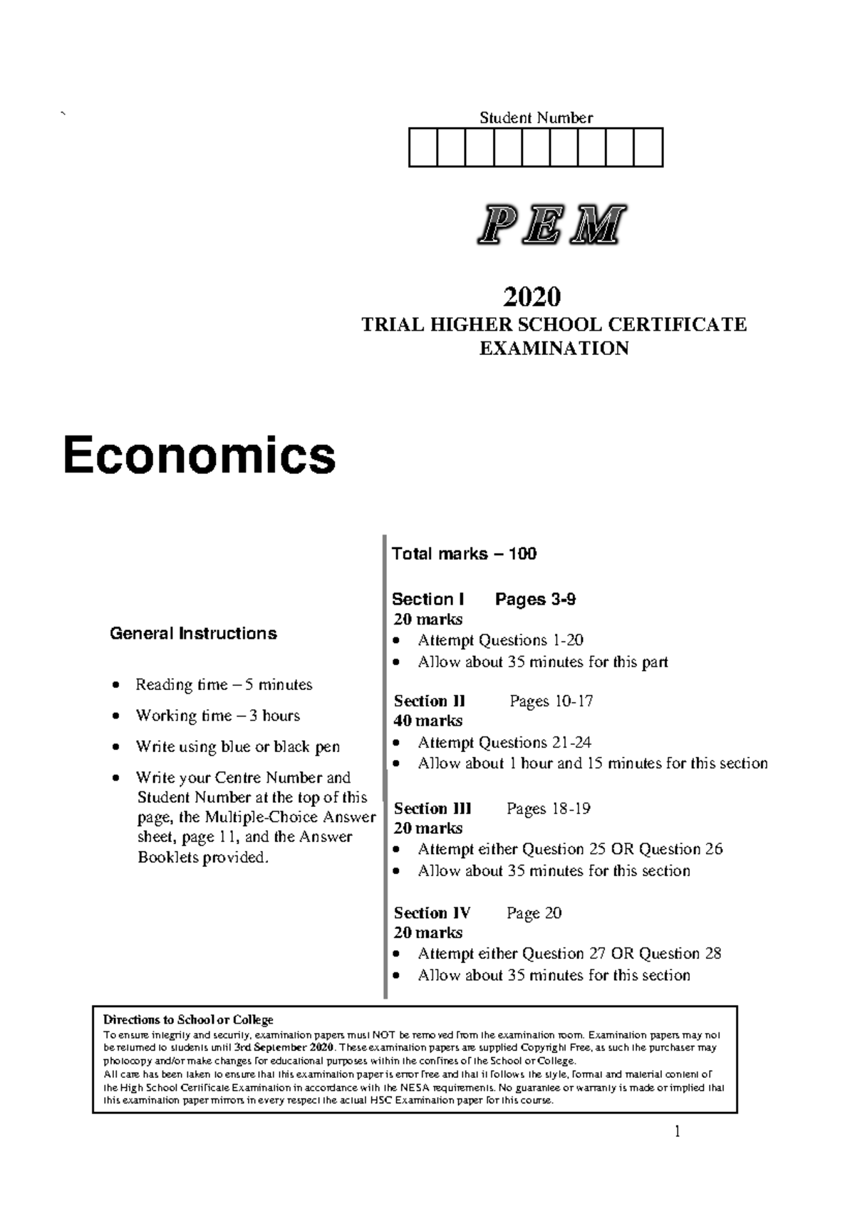 PEM 2020 Economics Trial HSC Examination - ` Student Number Economics ...