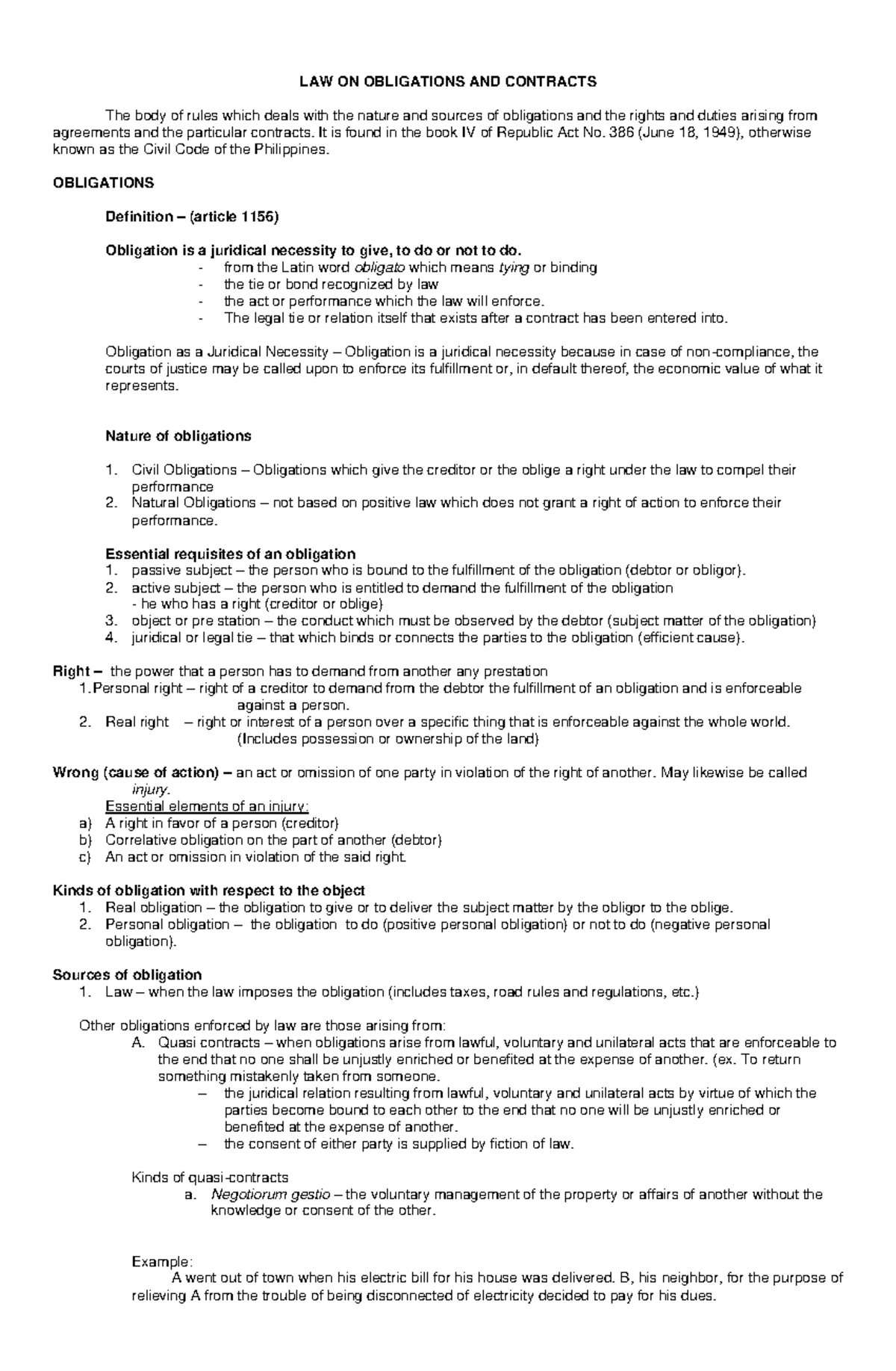 Module-1 students LAW-ON- Obligations-AND- Contracts - LAW ON OBLIGATIONS AND CONTRACTS The body ...