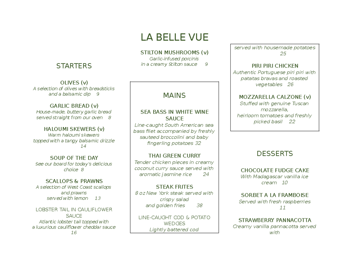 La Belle Vue - notes - LA BELLE VUE STARTERS OLIVES (v) A selection of ...