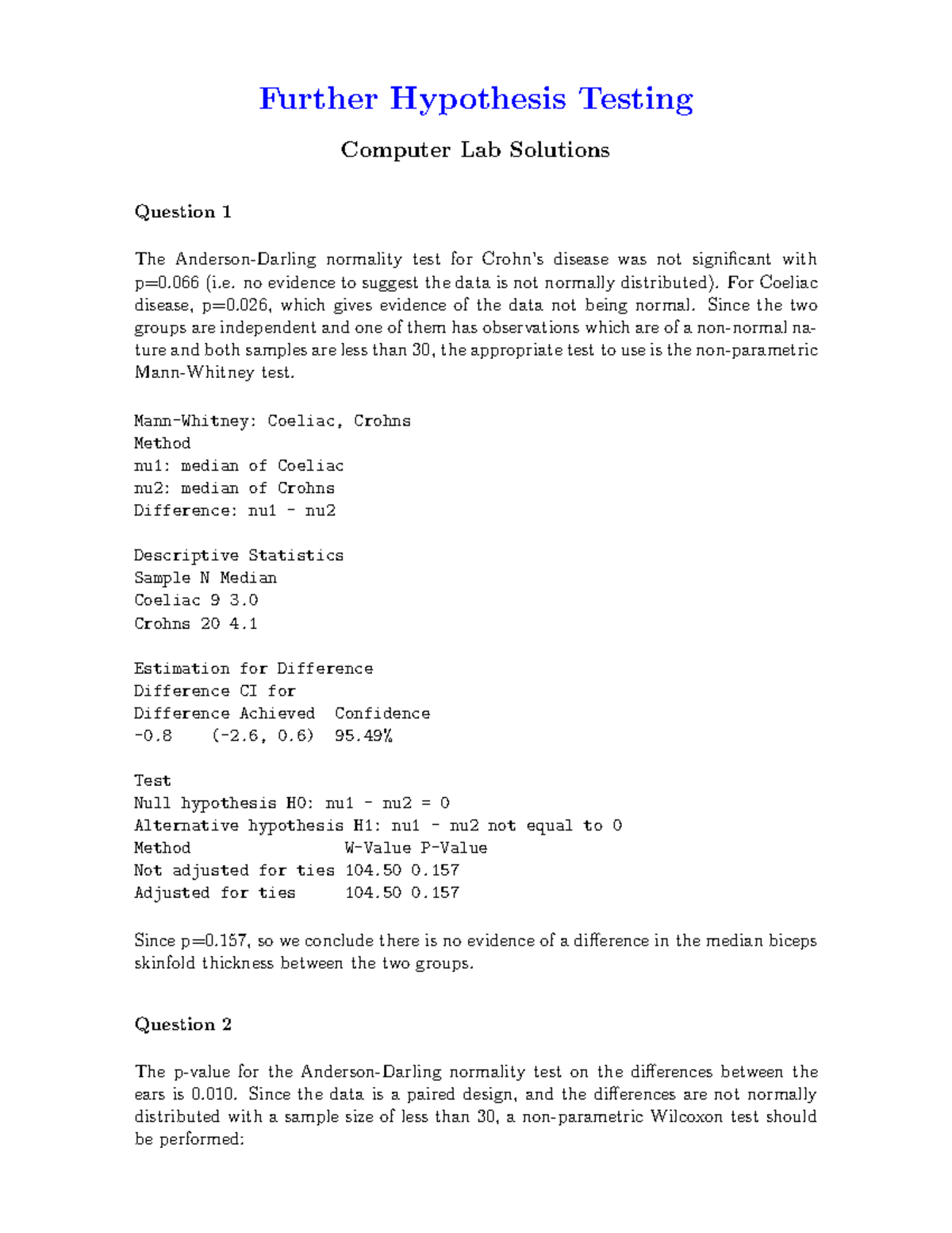 Lab 3 Feedback - Further Hypothesis Testing Computer Lab Solutions ...
