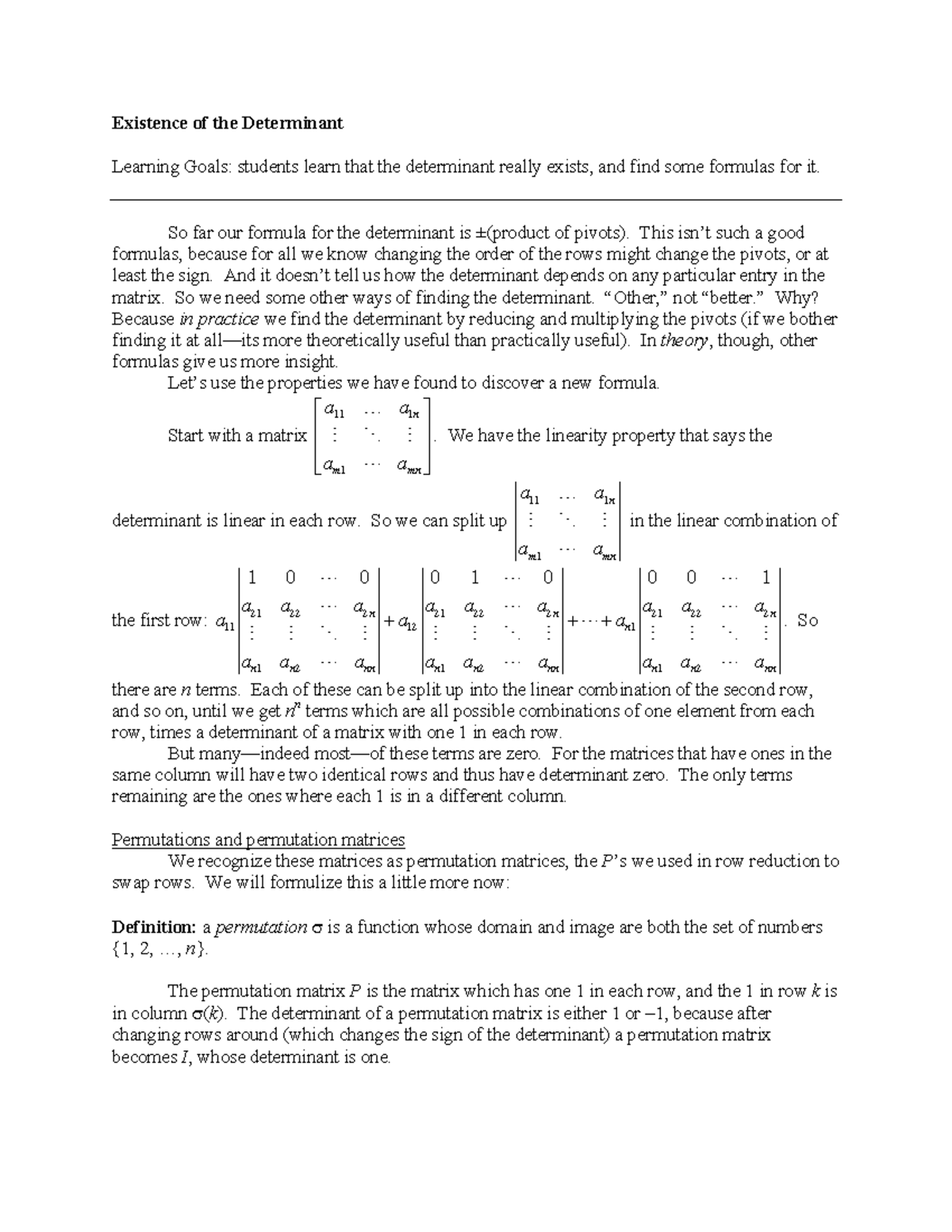 38 Permutation formula - Existence of the Determinant Learning Goals ...