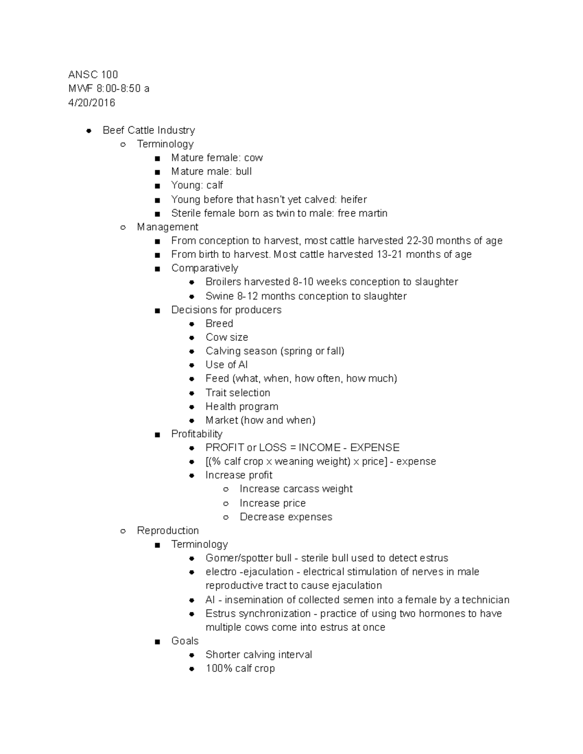 ANSC100_Lecture32 - ANSC 100 MWF a Beef Cattle Industry Terminology ...