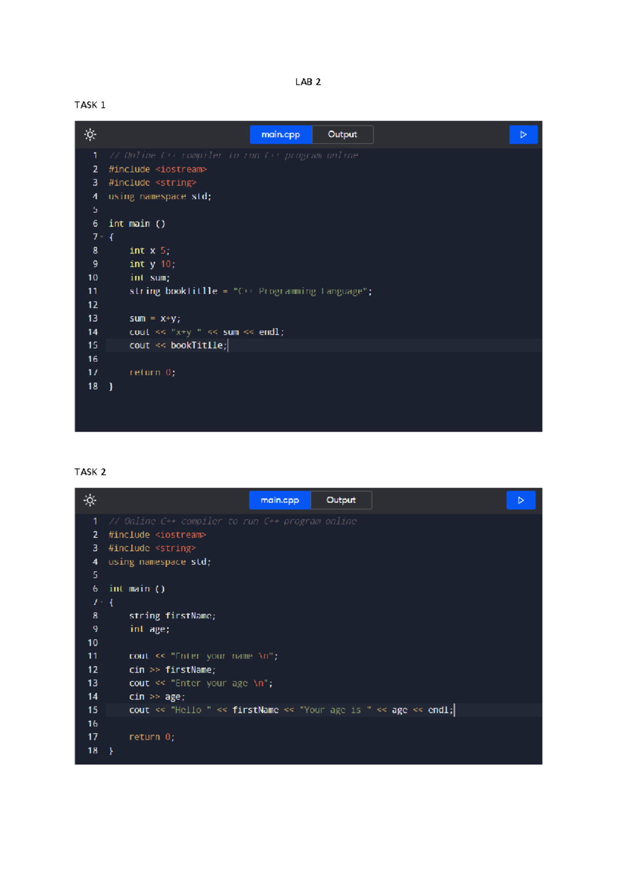 Tutorial LAB2 - corm yTt nun sk why _ _ 12 13 14 15 16 17 sa os 4a a main using namespace int ...