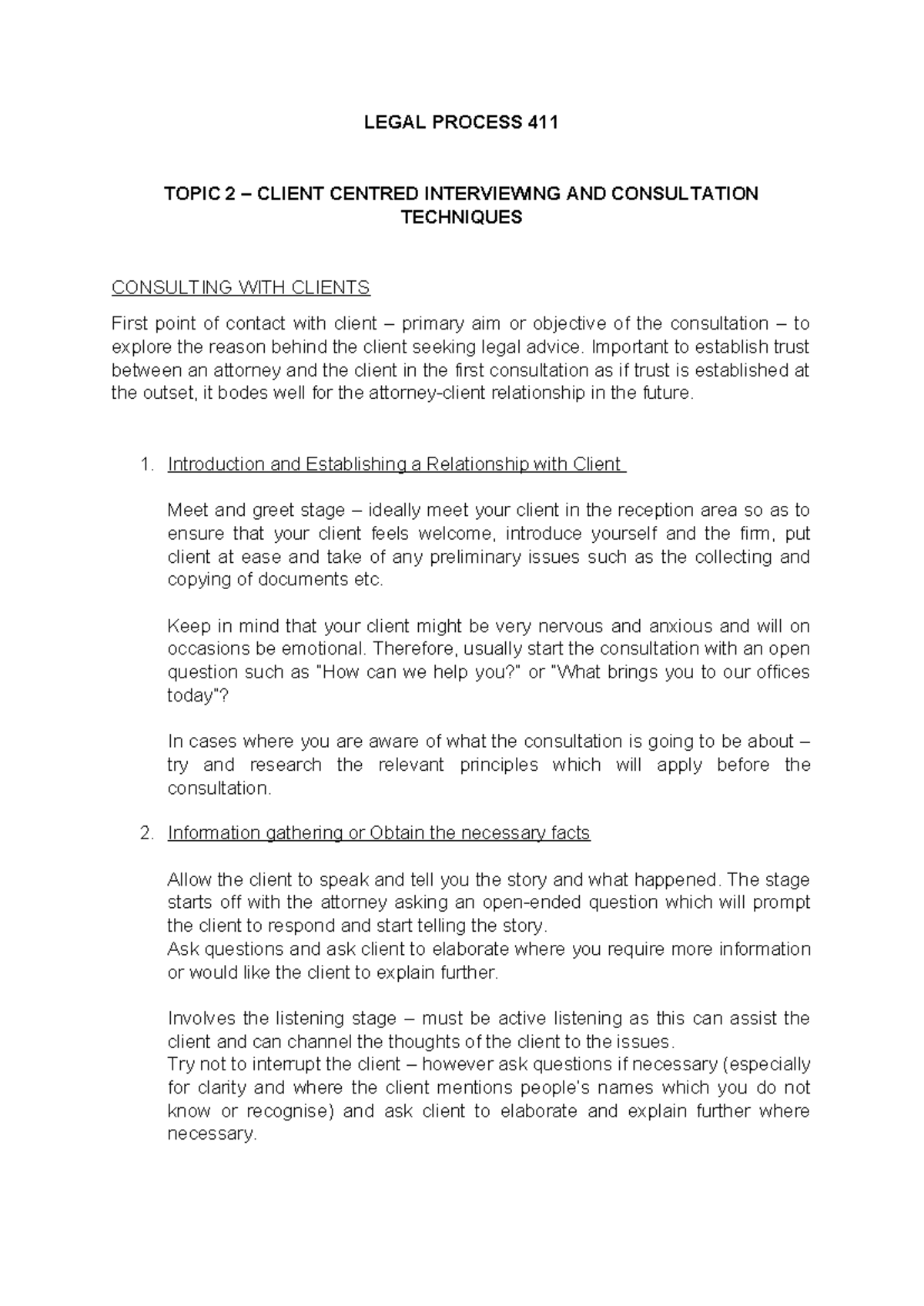 Topic 2 - Consultations WITH Clients - LEGAL PROCESS 411 TOPIC 2 ...