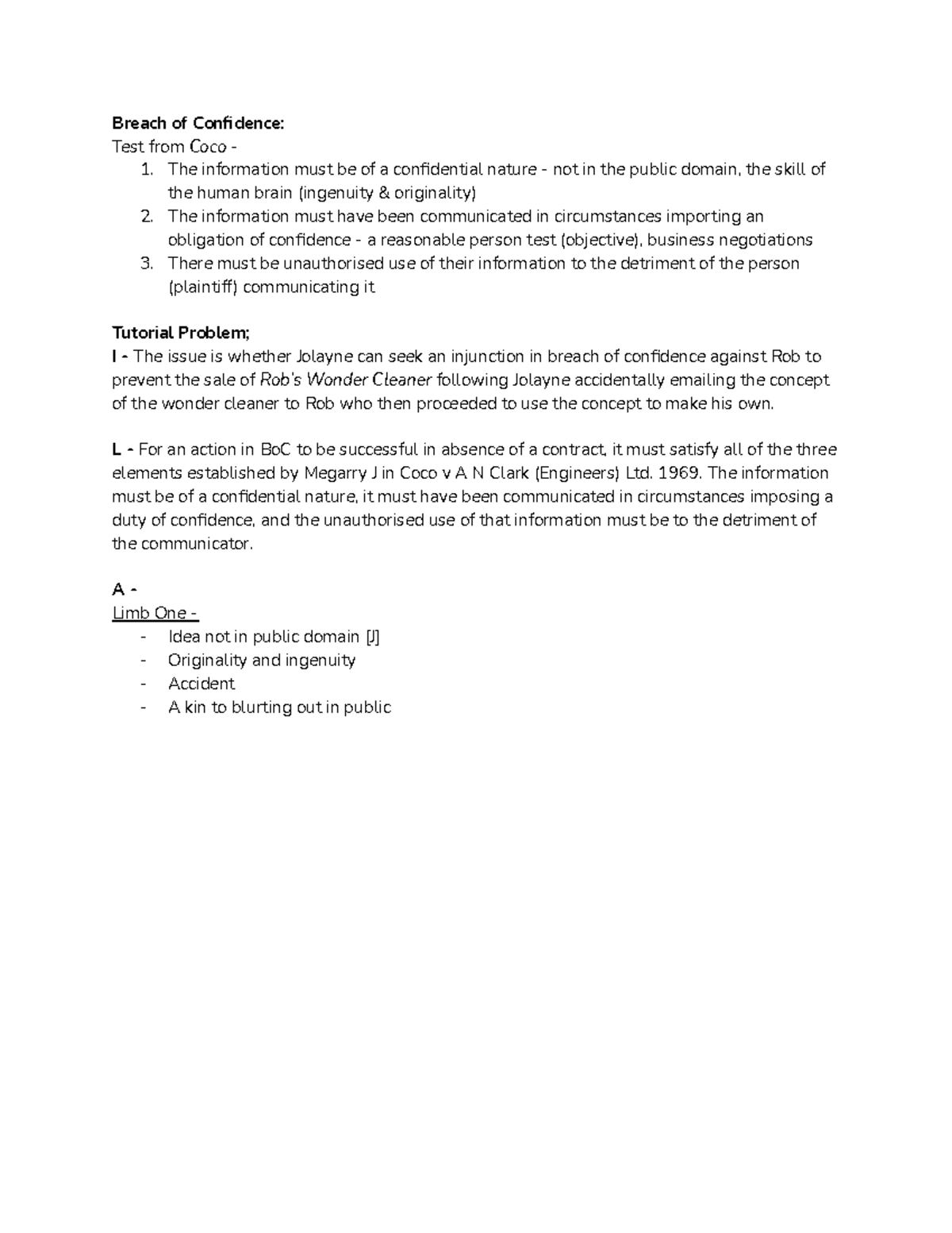 Tutorial 6 Notes - Breach of Confidence: Test from Coco - 1. The ...