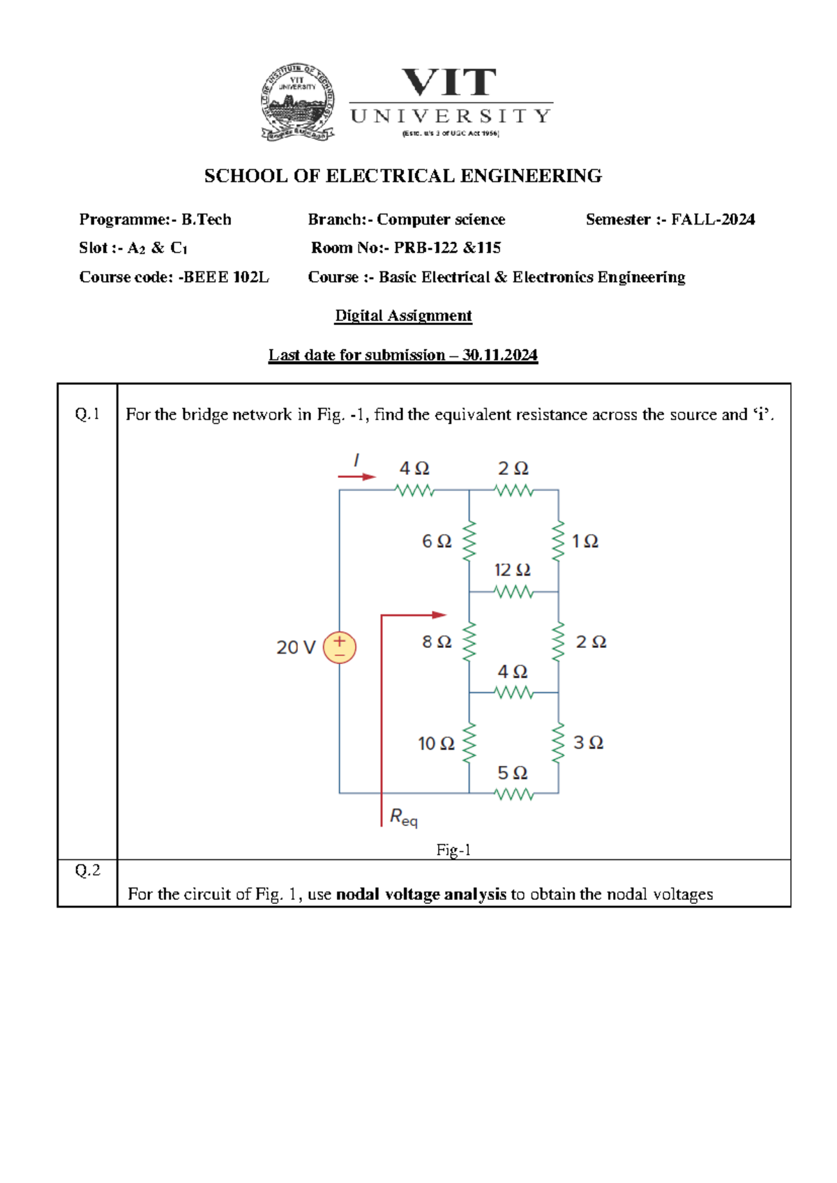 DA BEEE102L 2024 FALL SEM-2024 - SCHOOL OF ELECTRICAL ENGINEERING Programme:- B Branch ...
