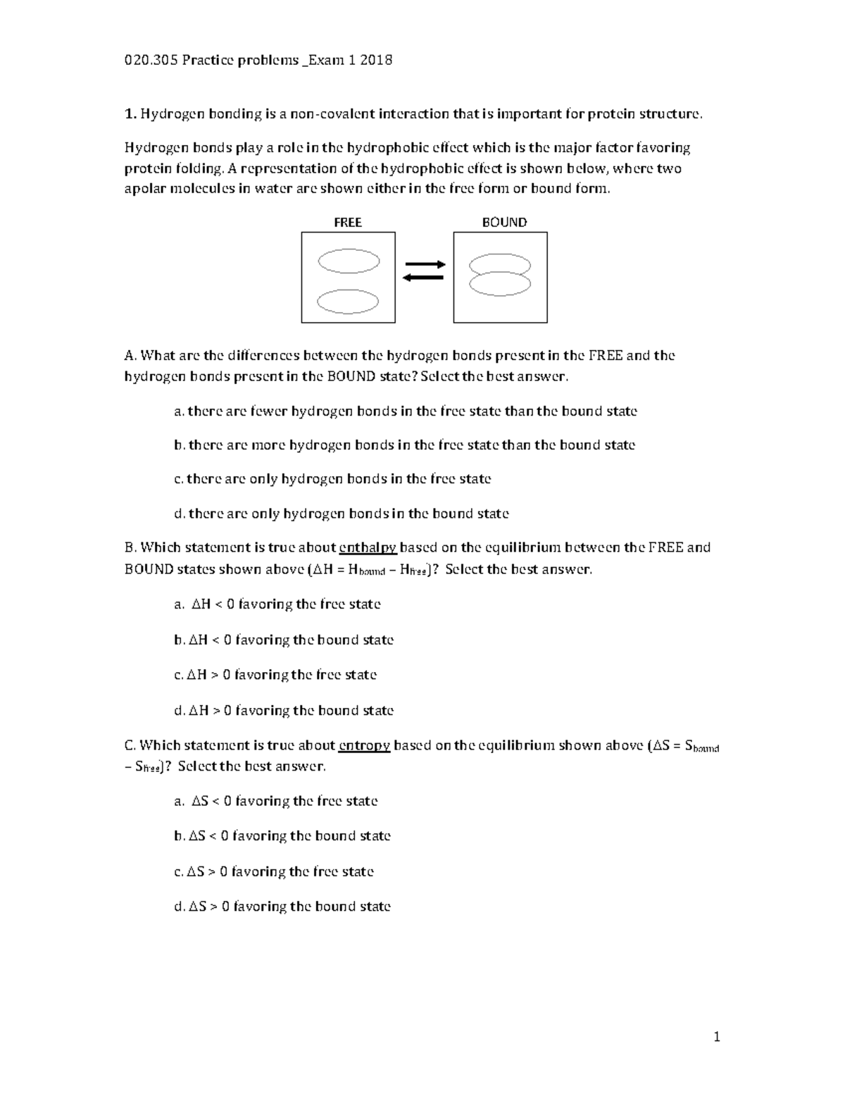 Biochem 2018 Exam 1 Practice Problems - 020 Practice problems _Exam 1 ...