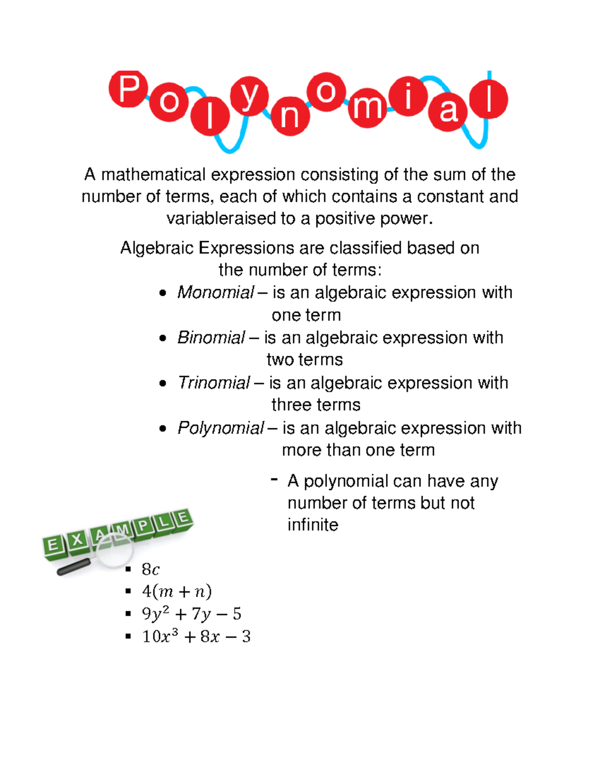 Polynomials - notes - A mathematical expression consisting of the sum ...