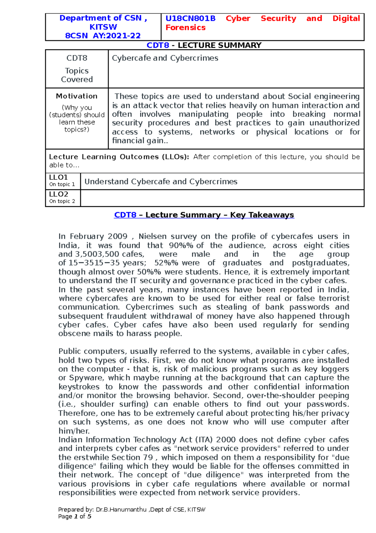 CSDF week3 CDT8 - Ndndjdd - KITSW 8CSN AY:2021- Forensics CDT8 - LECTURE SUMMARY CDT Topics ...