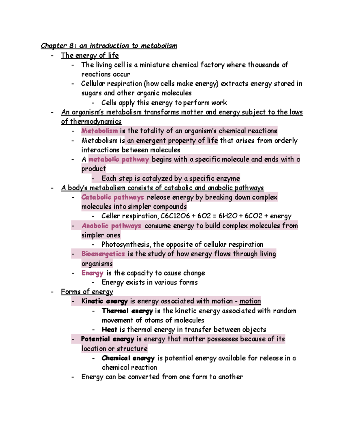 Bio notes - Chapter 8: an introduction to metabolism - The energy of ...