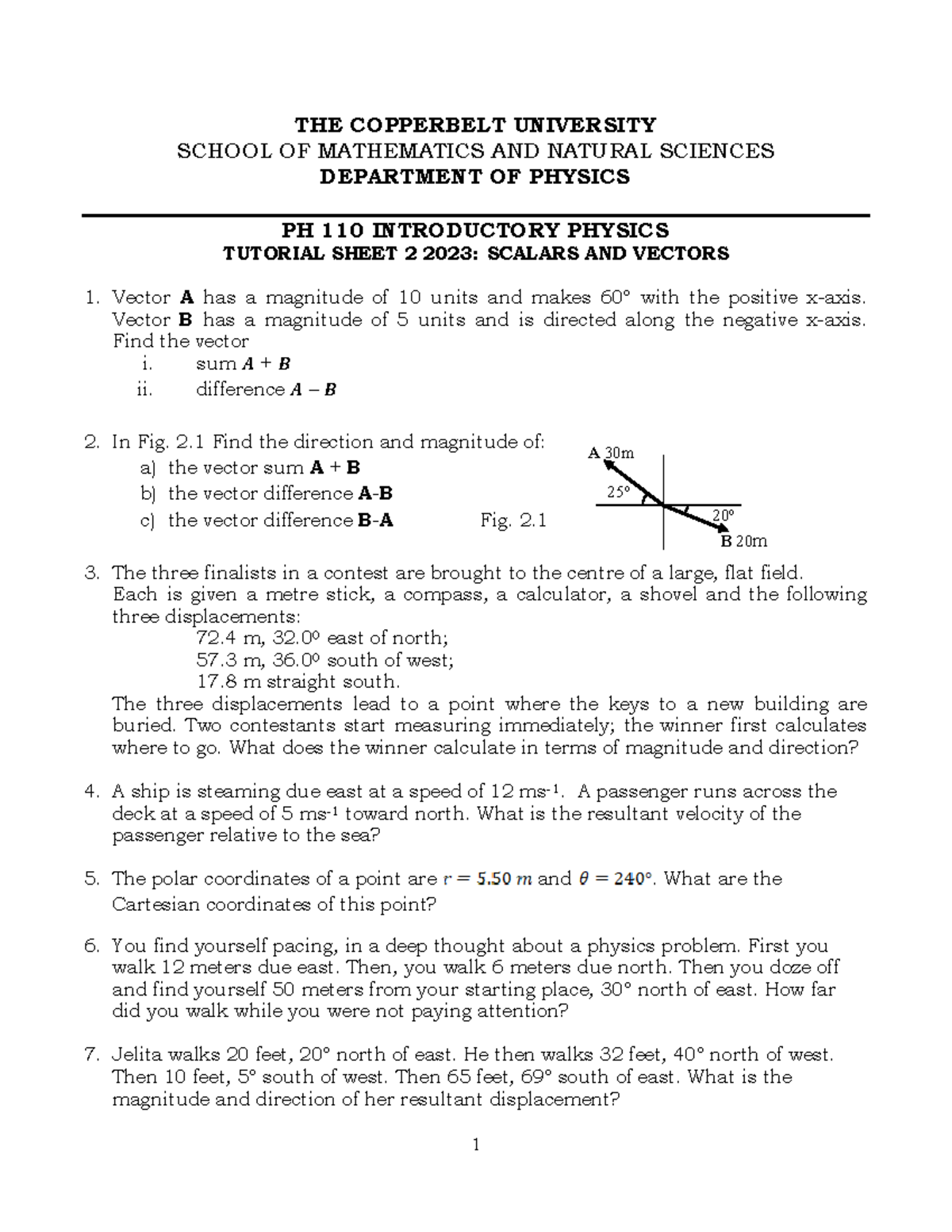 PH 110 Tutorial 2 2023 Scalars vectors - 1 THE COPPERBELT UNIVERSITY ...
