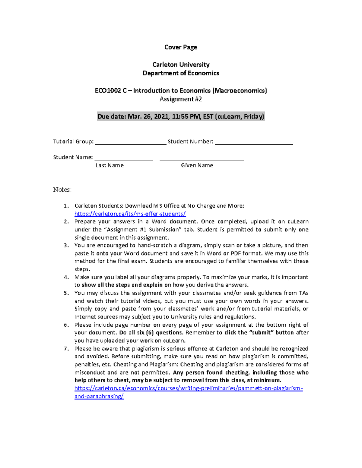 2021W Assignment #2 (Cover Page) - Cover Page Carleton University ...