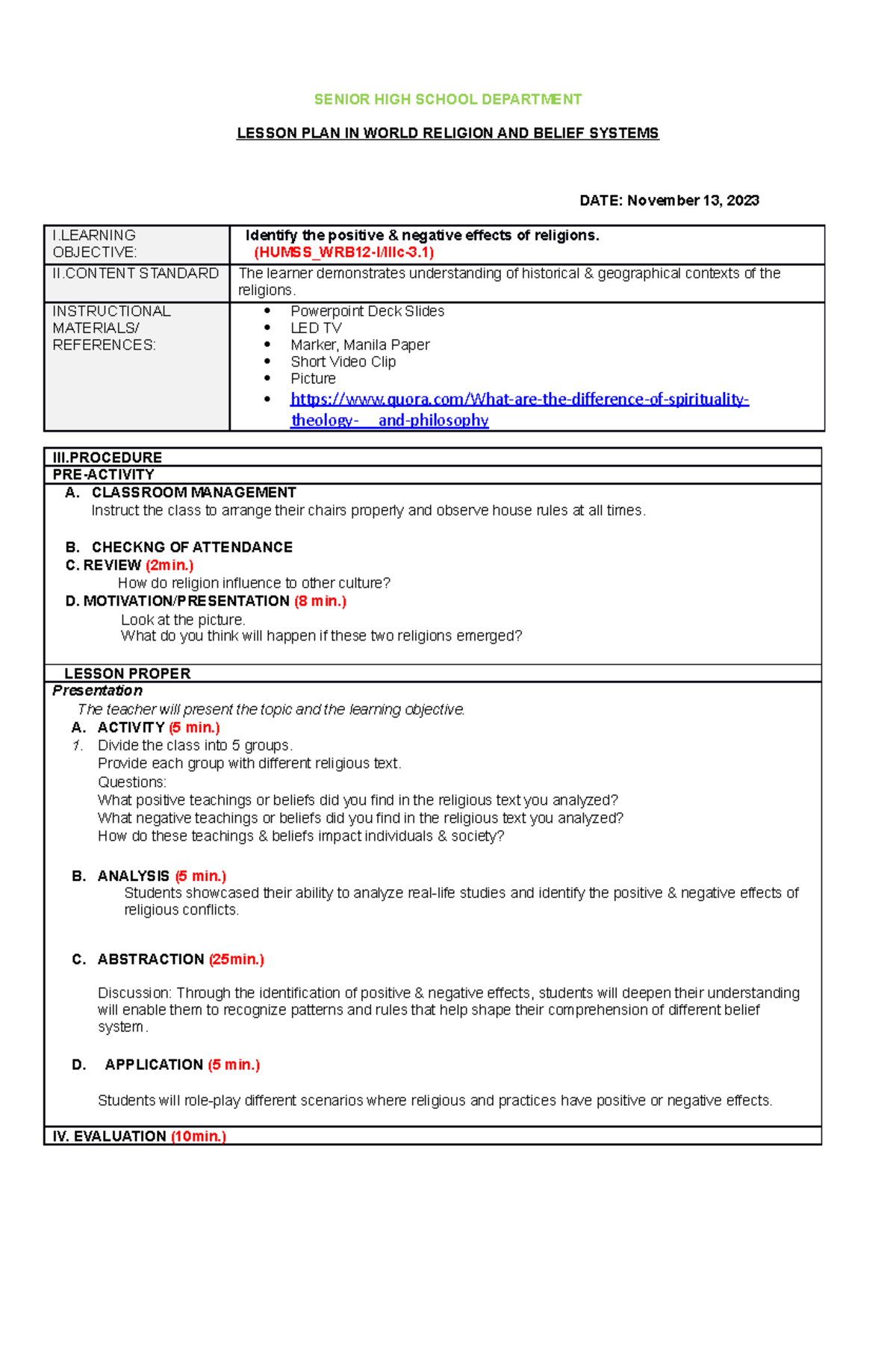 LP NOV - LESSON PLAN IN WORLD RELIGION - SENIOR HIGH SCHOOL DEPARTMENT ...