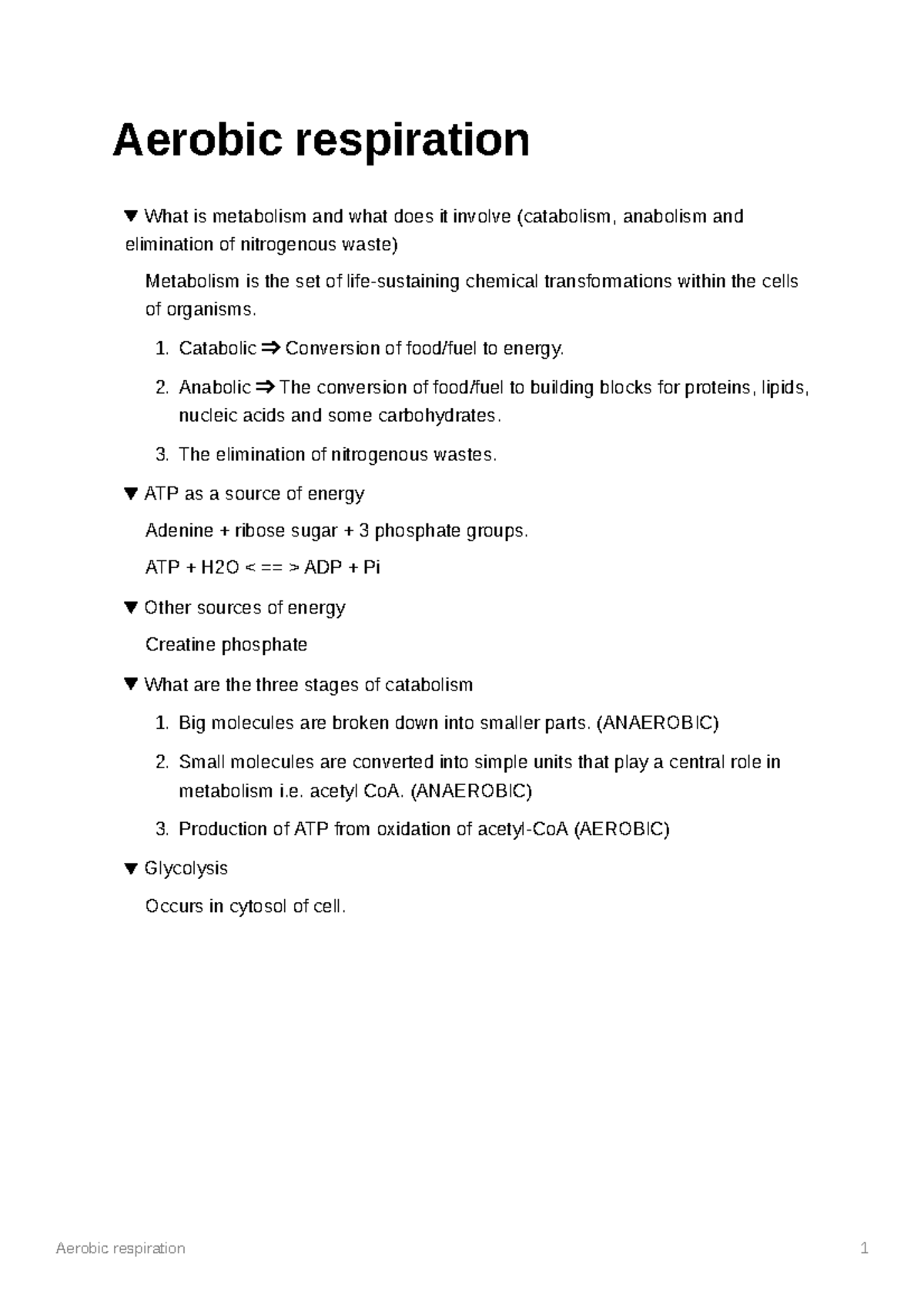 Aerobic respiration notes - Aerobic respiration 1 Aerobic respiration ...
