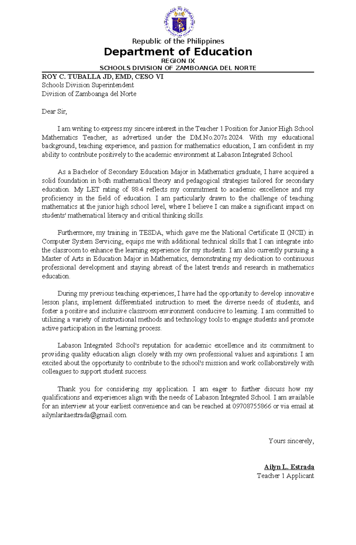 LOI for T1 - Republic of the Philippines Department of Education REGION ...
