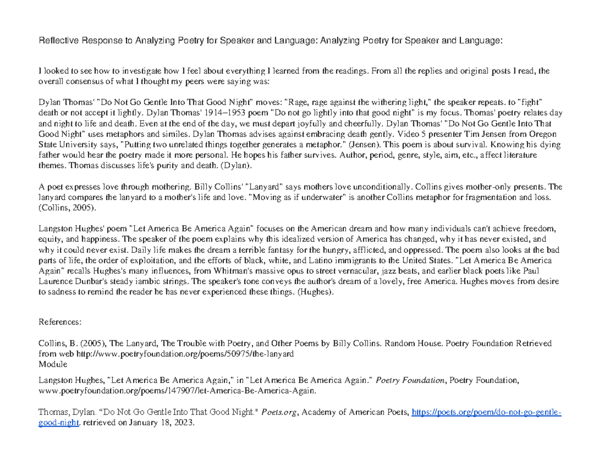 Reflective Response to Analyzing Poetry for Speaker and Language - From ...