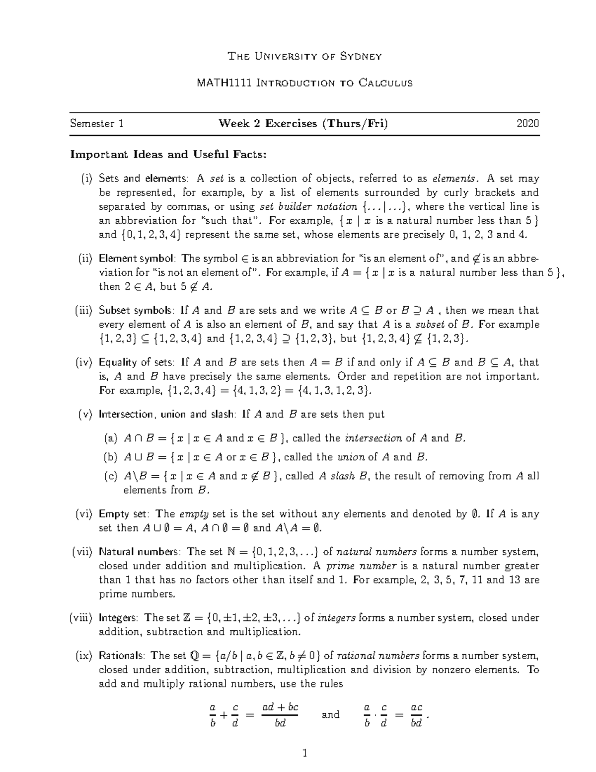 Week 2 : Tutorial - The University of Sydney MATH1111Introduction to ...