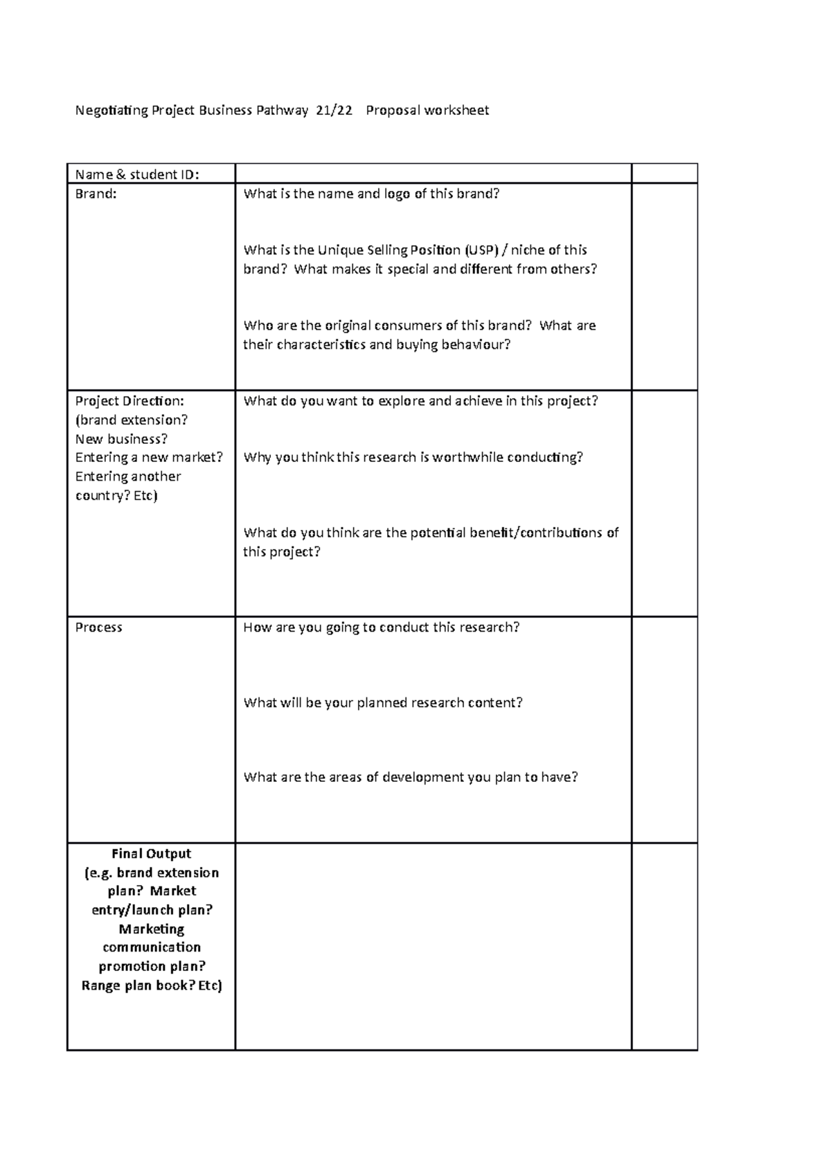 Negotiating Project Business Pathway proposal sheet - Negotiating ...