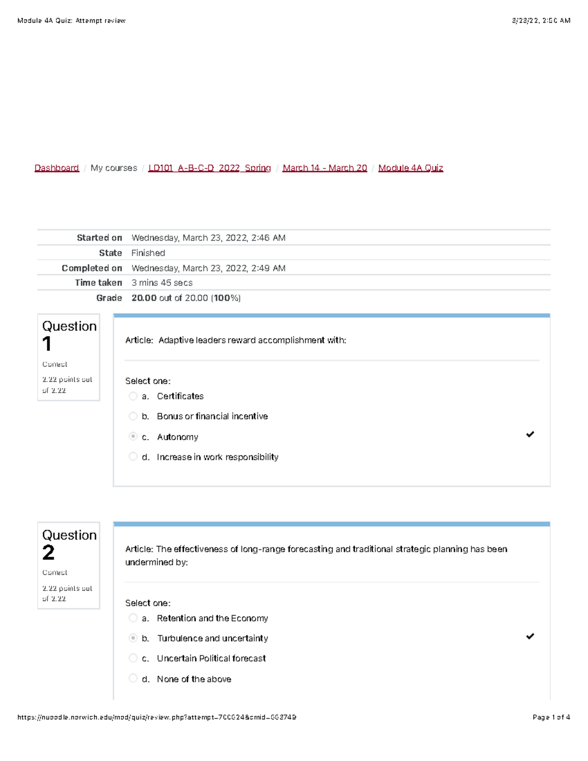 Module 4A Quiz - Quiz - Question 1 Correct 2 points out of 2. Question ...