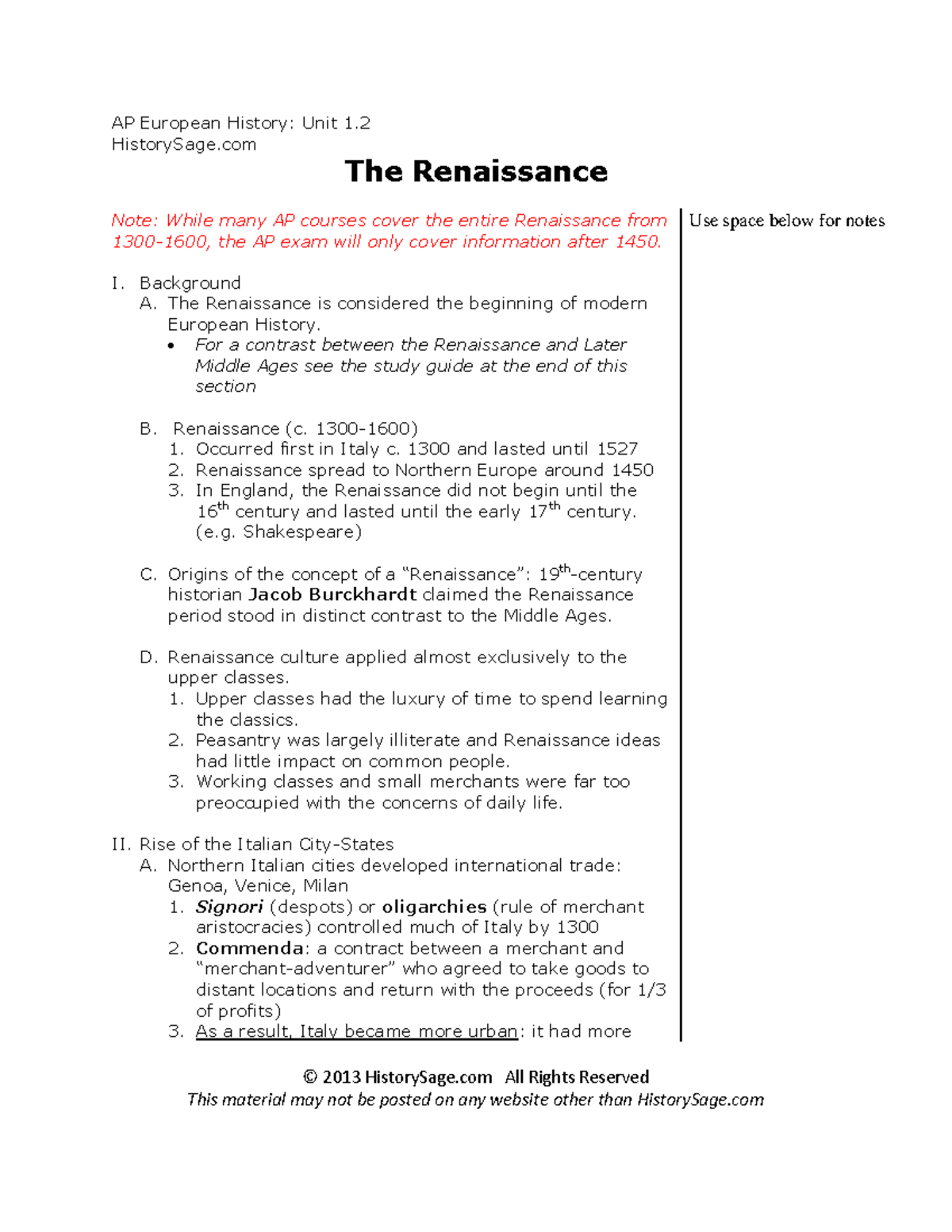 Renaissance - © 2013 HistorySage All Rights Reserved This material may ...