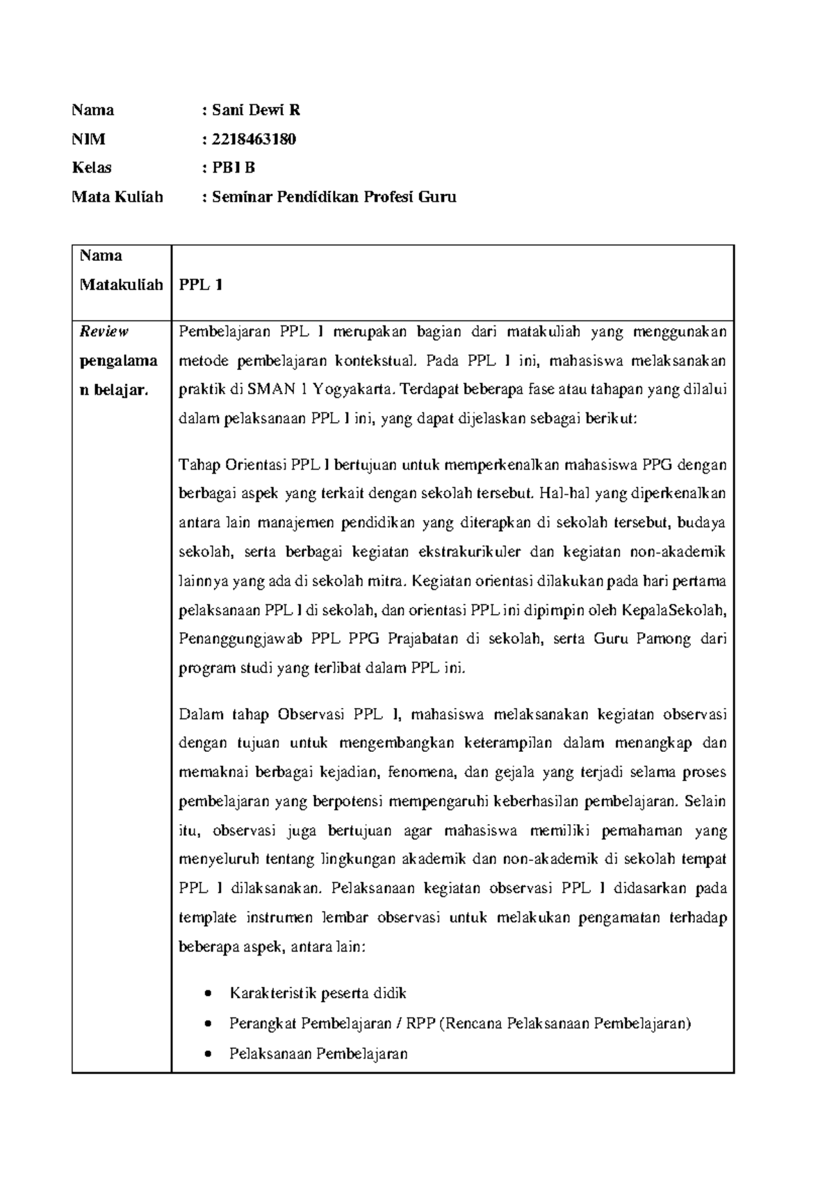 PPL 1 - Pendidikan profesi guru - Nama : Sani Dewi R NIM : 2218463180 ...