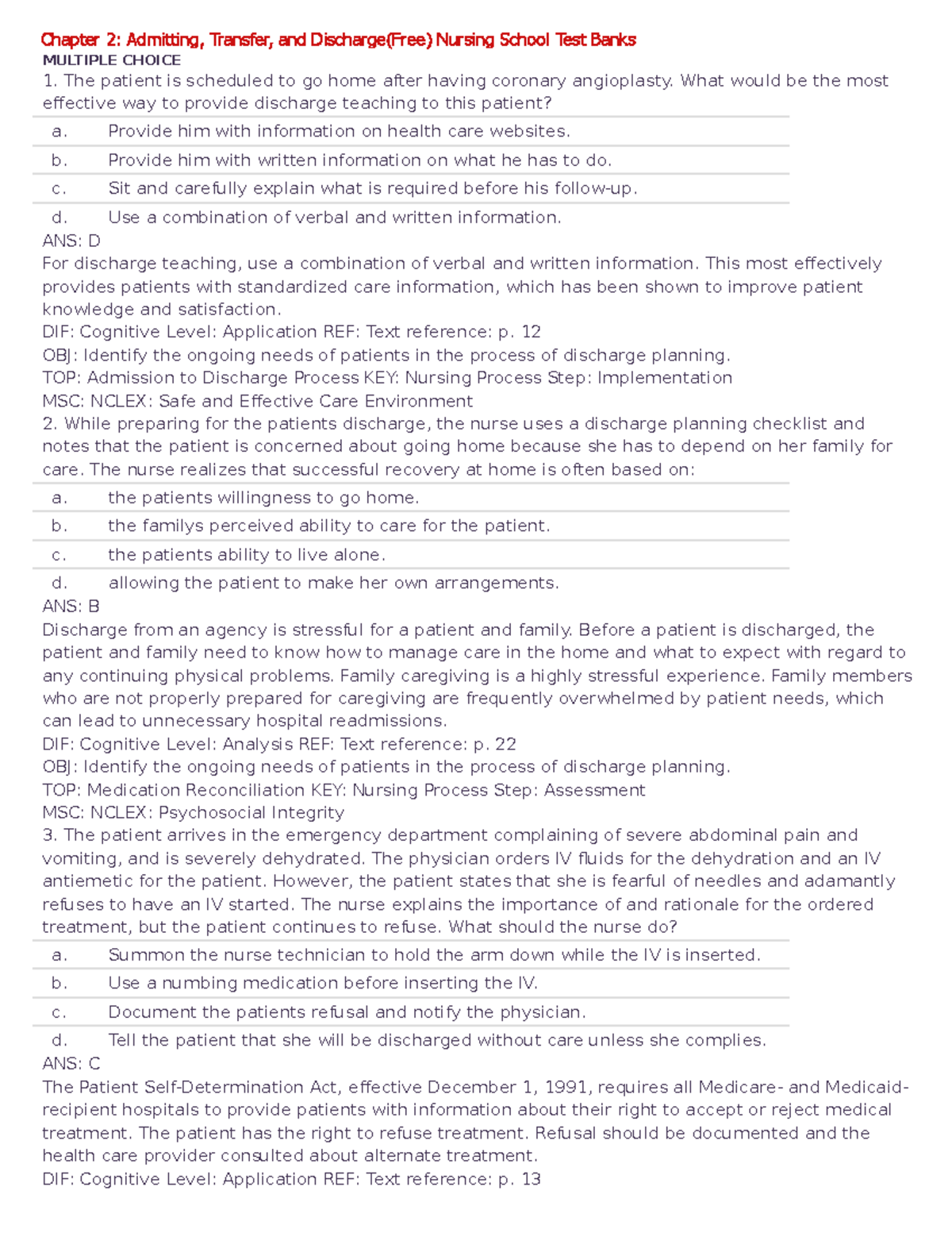 Admitting Transfer and Discharge in Nursing School Test Banks - Studocu
