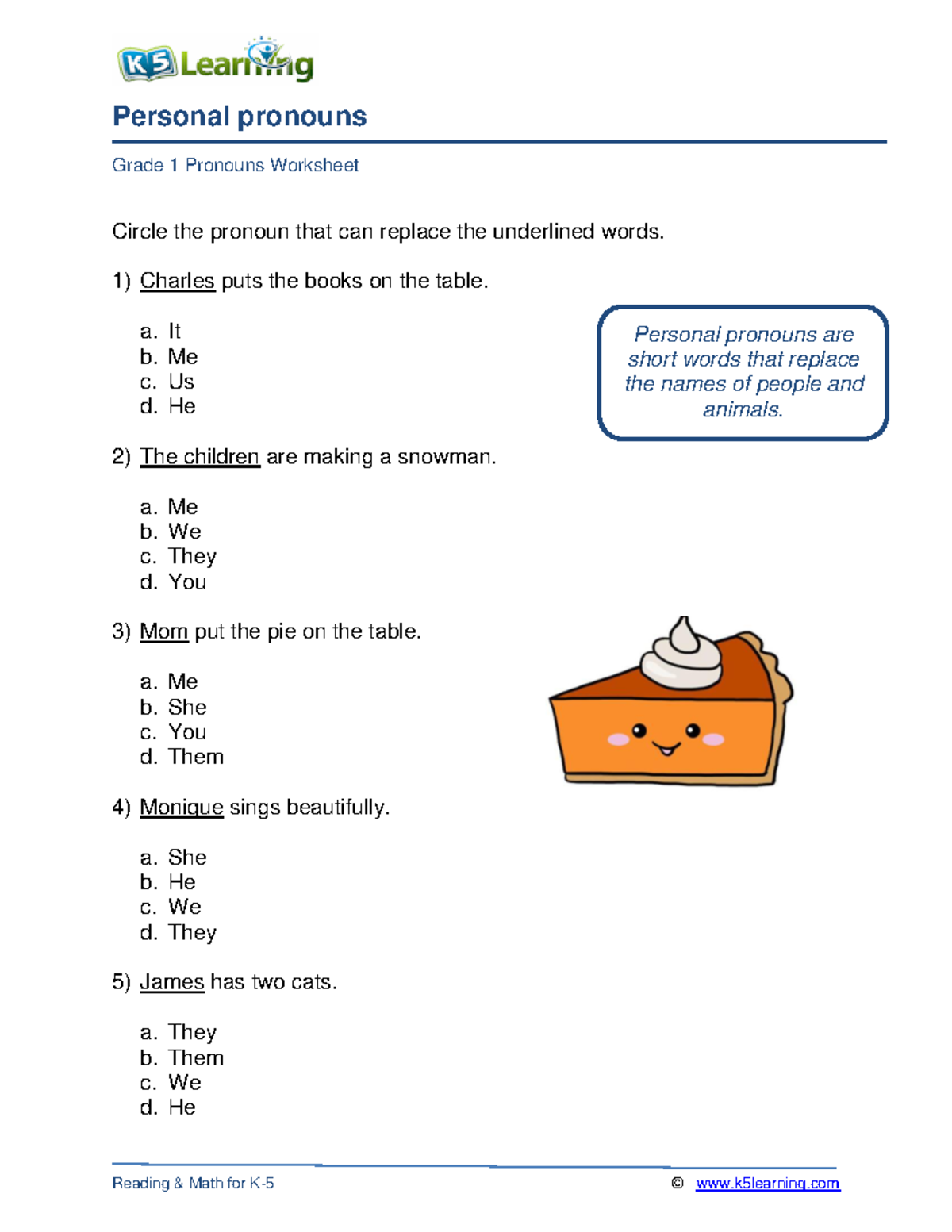 Grade 1 personal pronouns - Personal pronouns Grade 1 Pronouns ...