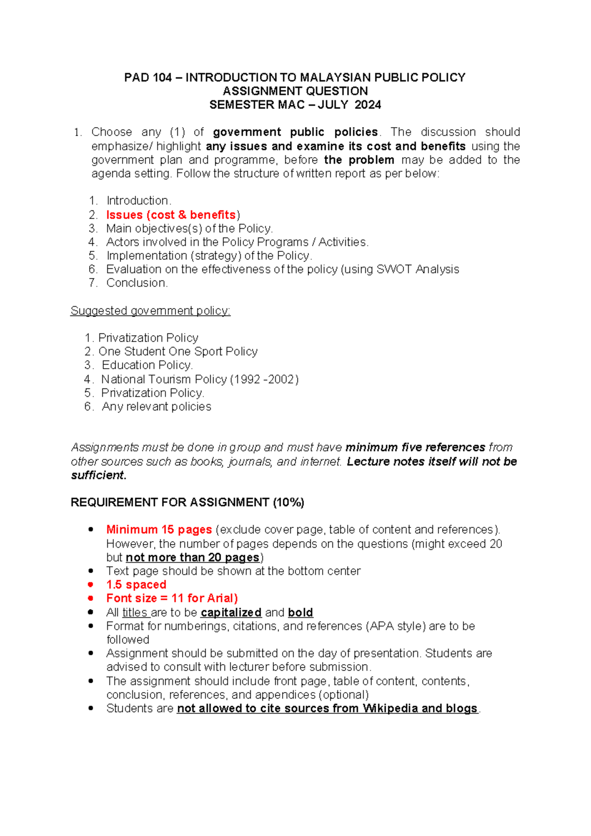 Group Assignment Questions MAC 2024 - PAD 104 – INTRODUCTION TO MALAYSIAN PUBLIC POLICY ...