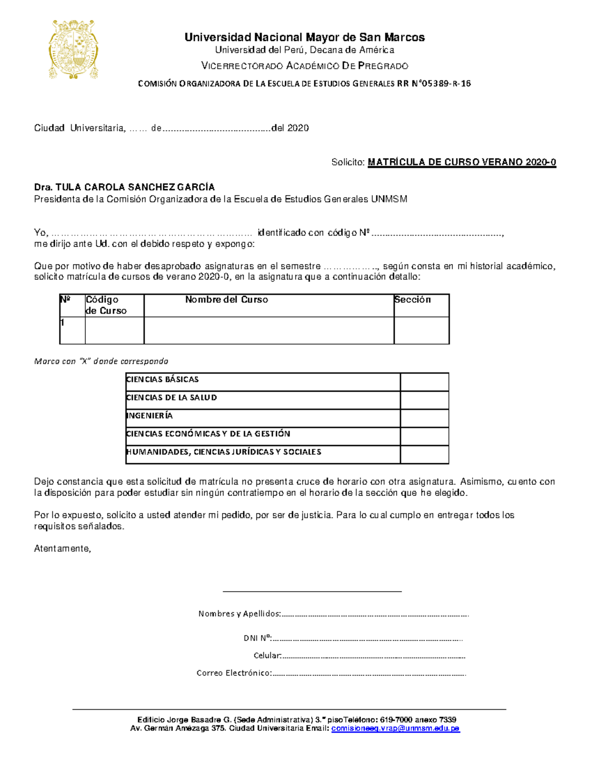 Solicitud DE Matricula Verano - Universidad Nacional Mayor de San ...