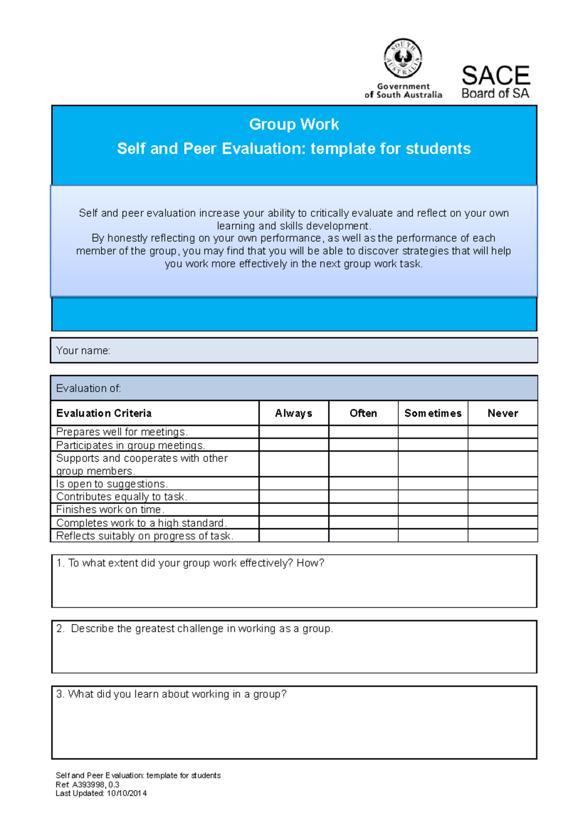 Self and Peer Evaluation template for students - Group Work Self and ...