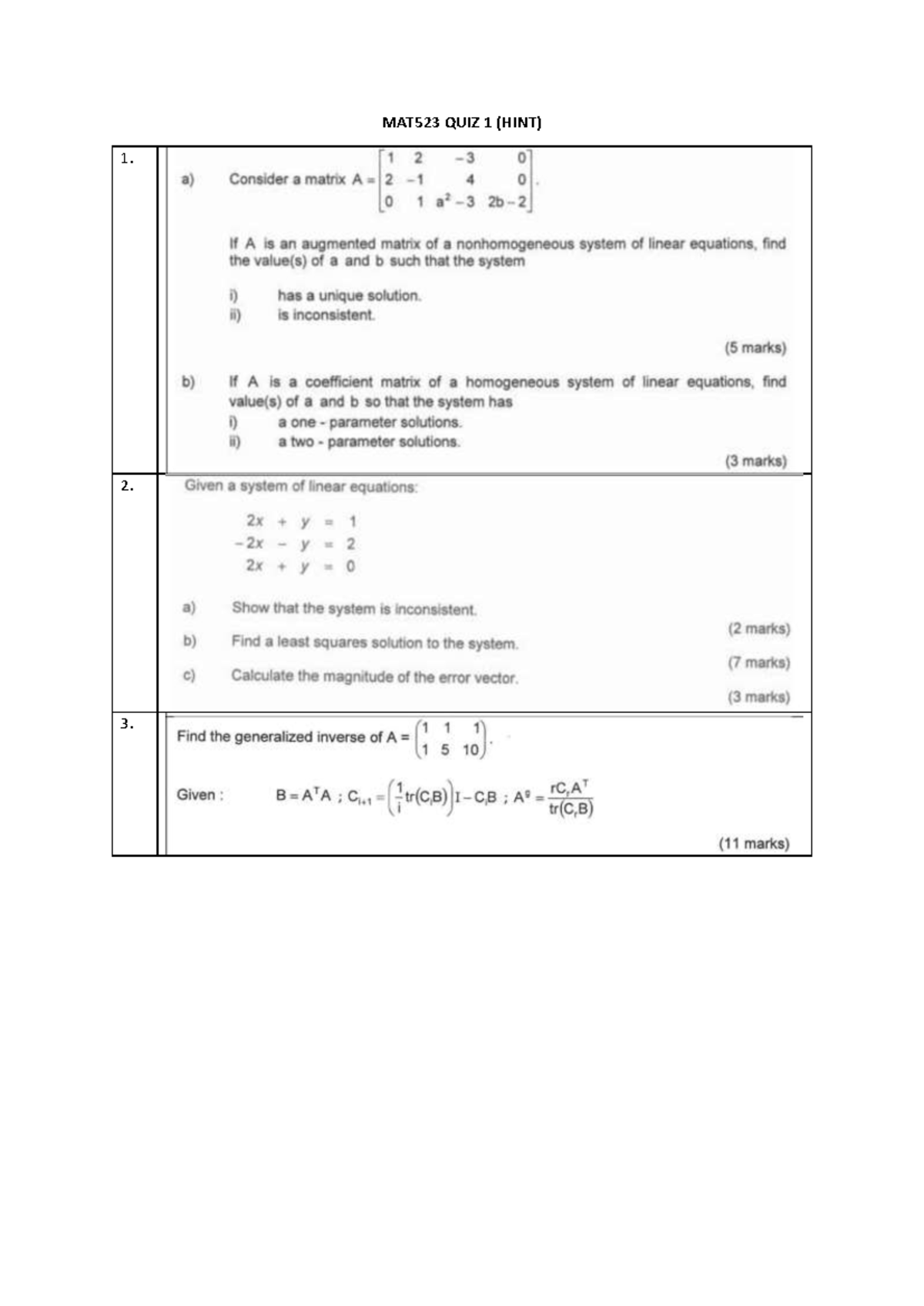 MAT523 QUIZ 1 LINEAR ALGEBRA - Linear algebra ii - MAT523 QUIZ 1 (HINT ...