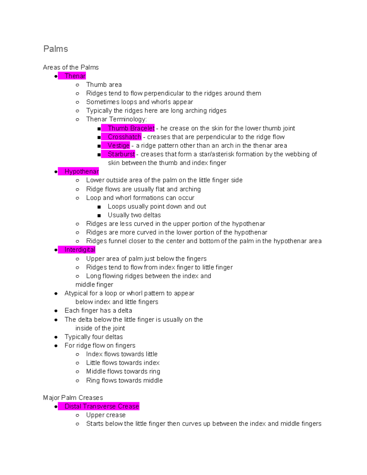 Palm Prints Notes - Palms Areas of the Palms Thenar Thumb area Ridges ...