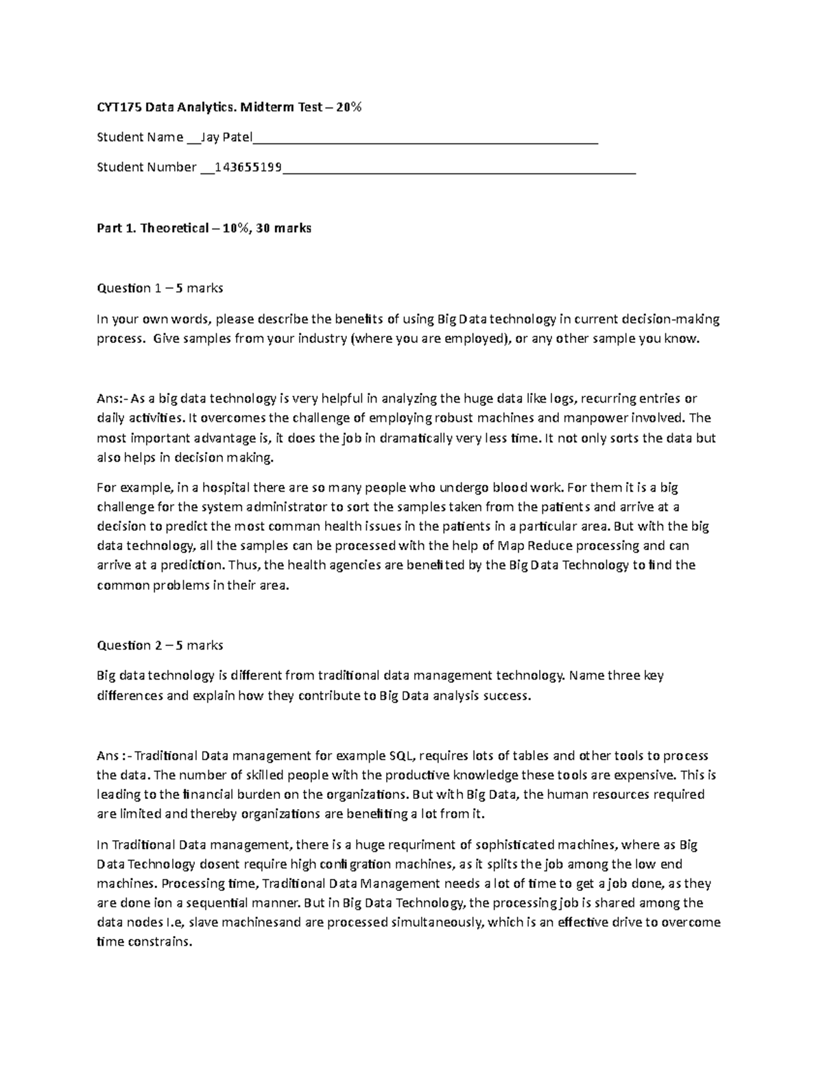 Midterm 21 26 September 2020, questions and answers - CYT175 Data ...