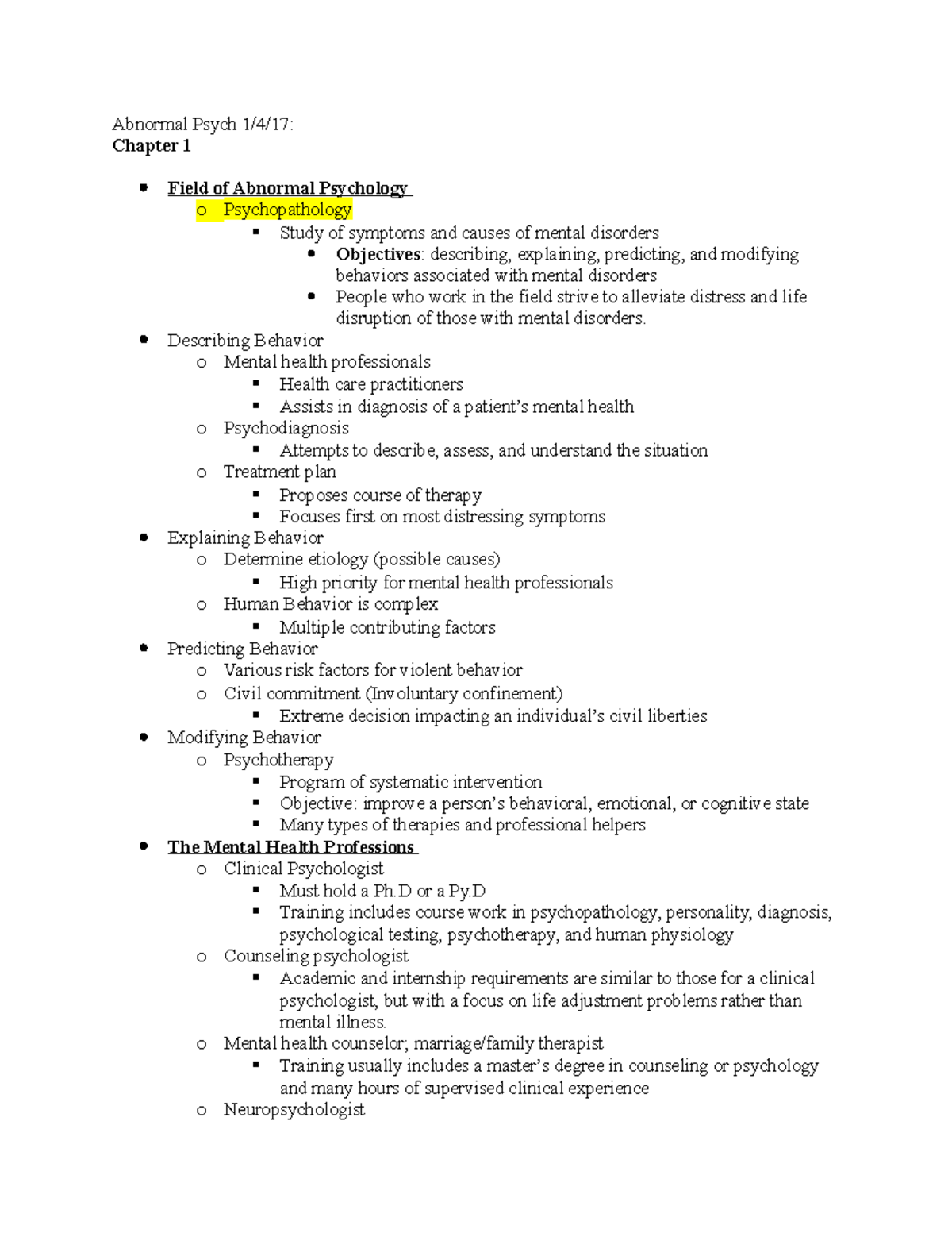 AP Chapter 1 - Abnormal Psych 1/4/17: Chapter 1 Field of Abnormal ...