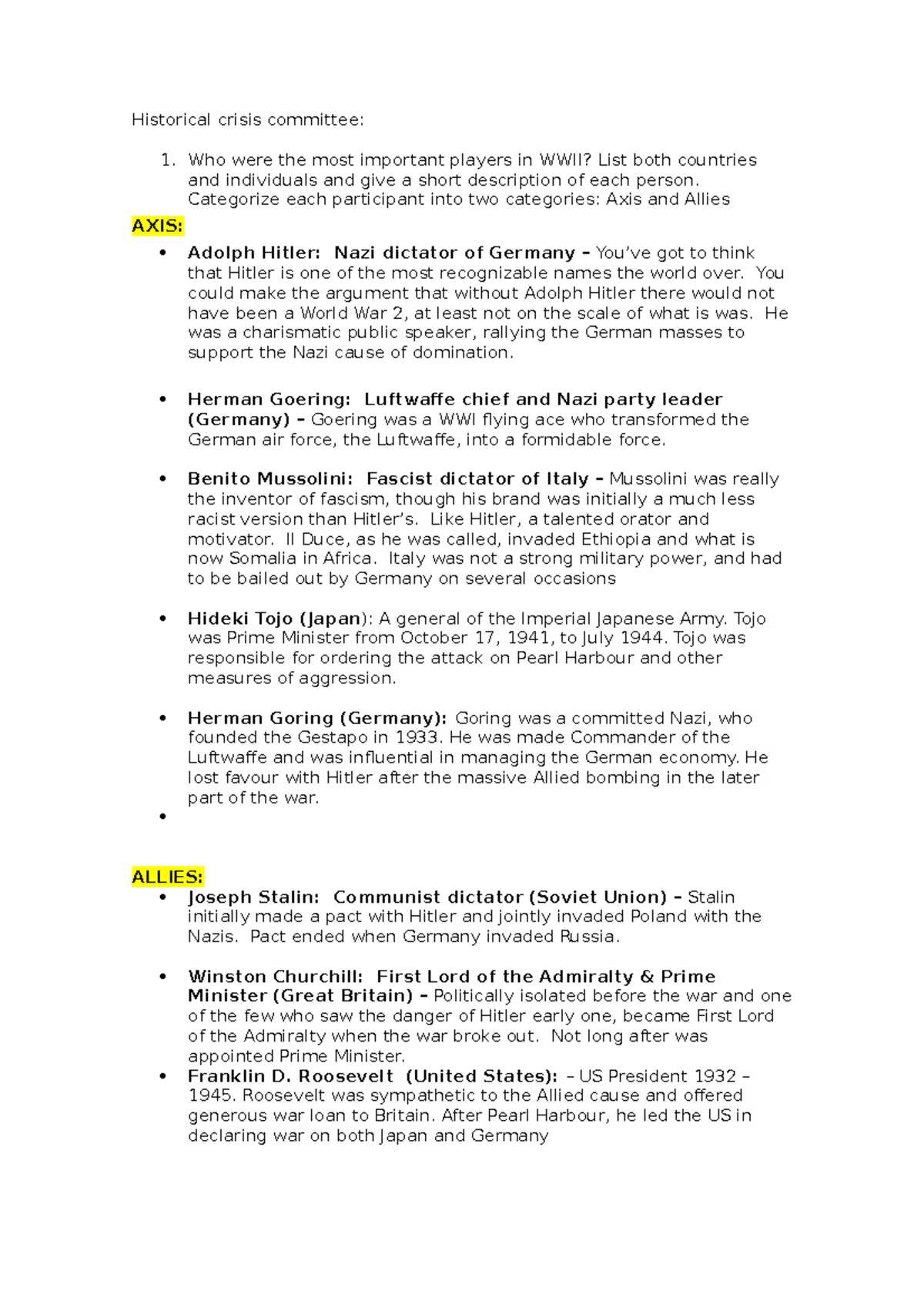Historical crisis committee - Historical crisis committee: Who were the ...