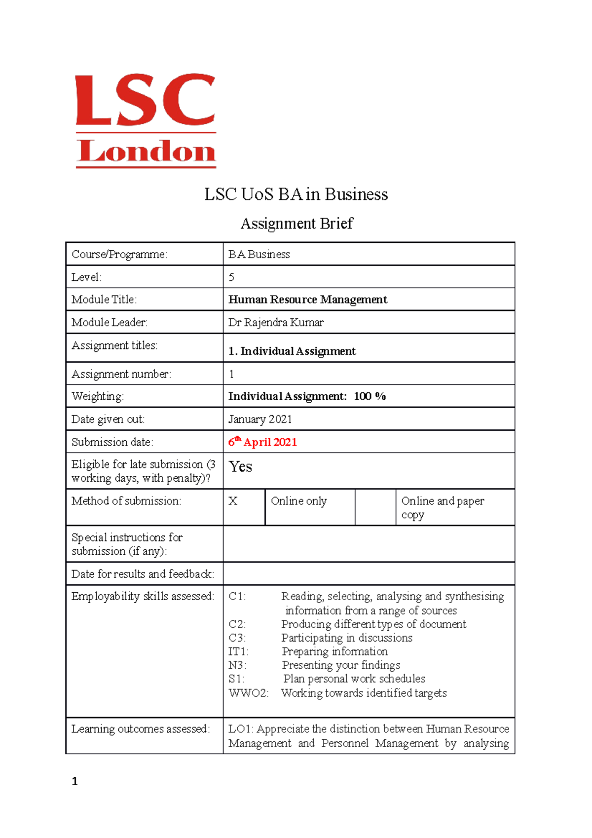 Uo S BABS L5 T1 HRM Assignment Jan March 2021 - LSC UoS BA in Business ...