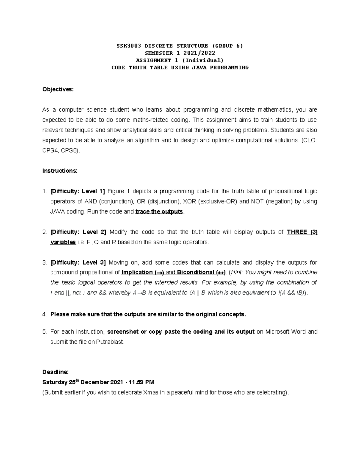 Assignment 1 CSC3003 - Logic Propositional Coding using JAVA - SSK3003 DISCRETE STRUCTURE (GROUP ...