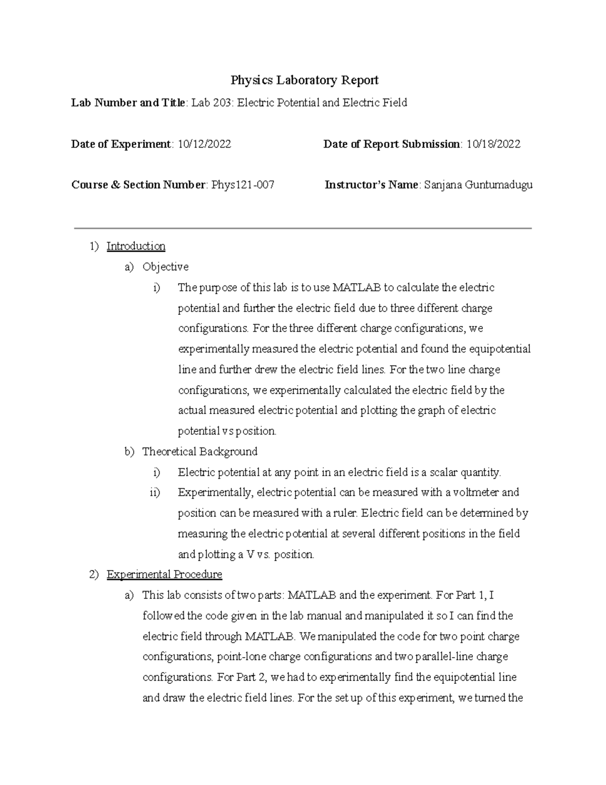 Lab 203-2 - lab report - Physics Laboratory Report Lab Number and Title: Lab 203: Electric ...
