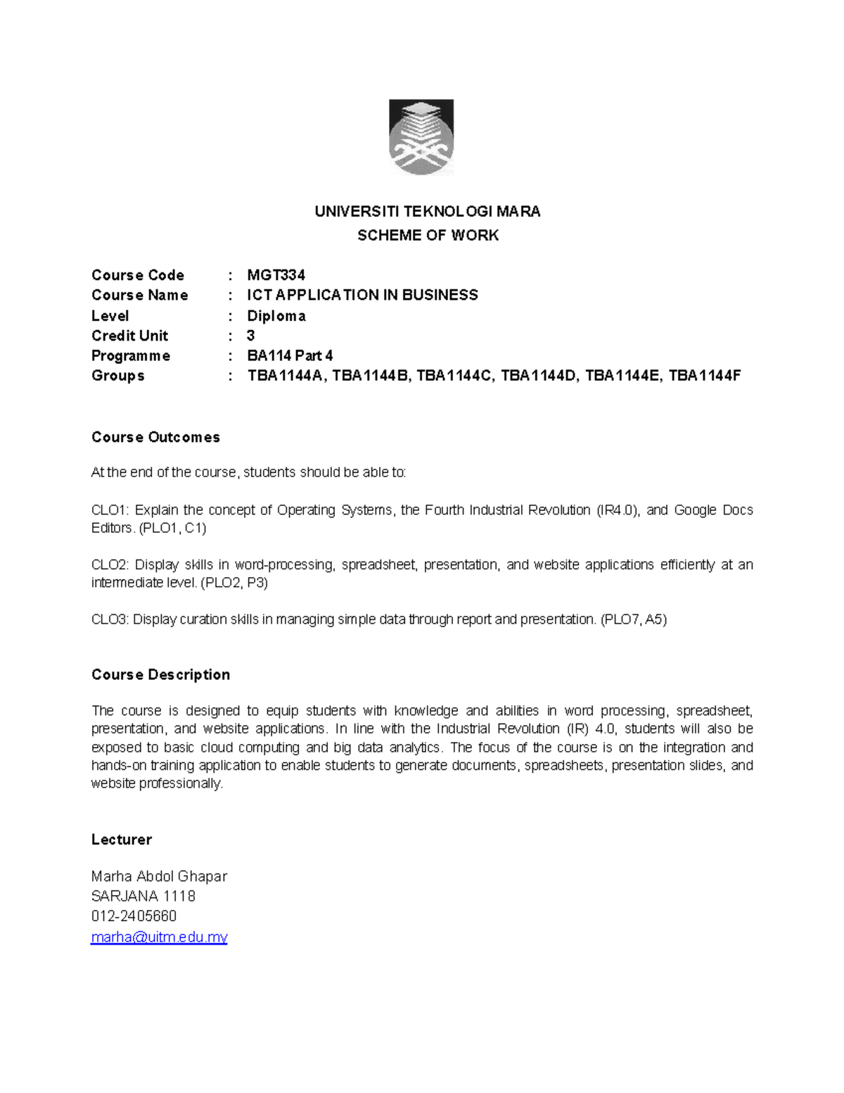 MGT334 - Lesson Plan 20232 - UNIVERSITI TEKNOLOGI MARA SCHEME OF WORK ...
