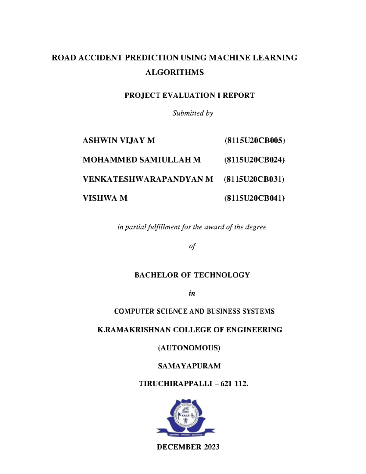 Doc - ROAD ACCIDENT PREDICTION USING MACHINE LEARNING ALGORITHMS ...