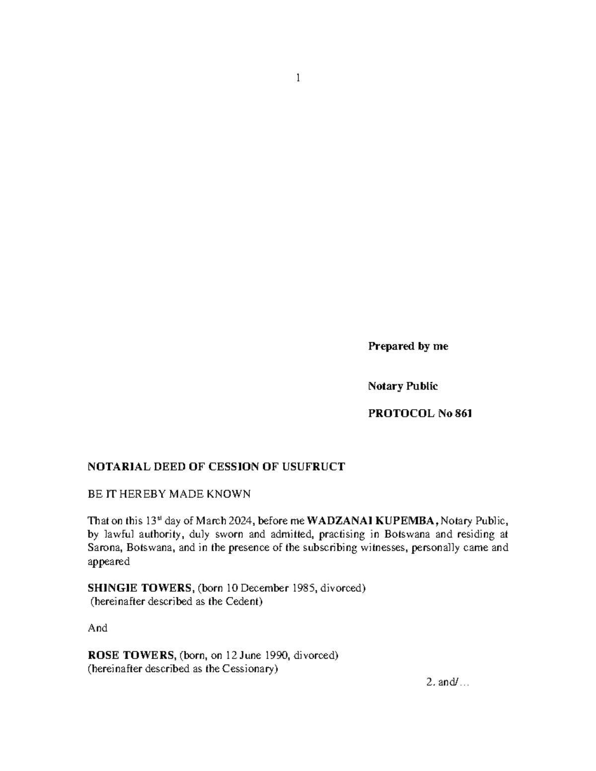 Usufruct of a residence edited - 1 Prepared by me Notary Public ...