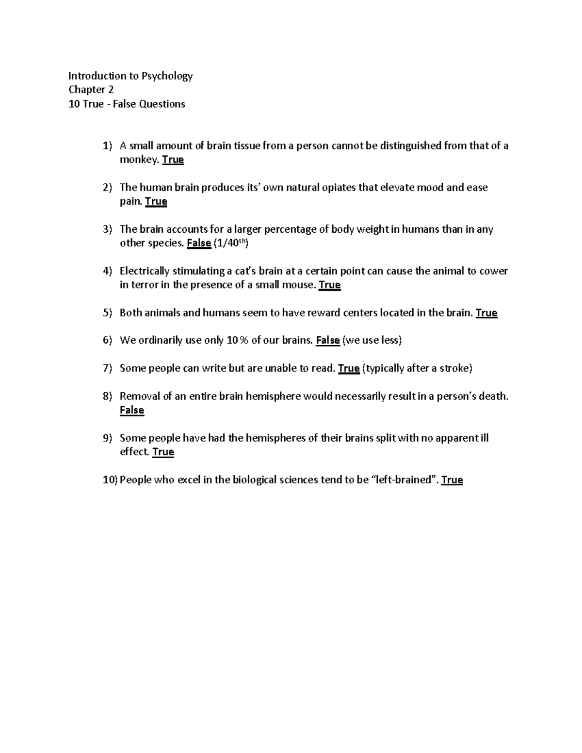 Introduction to Psychology Chapter 2 10 T-F Questions - Introduction to ...