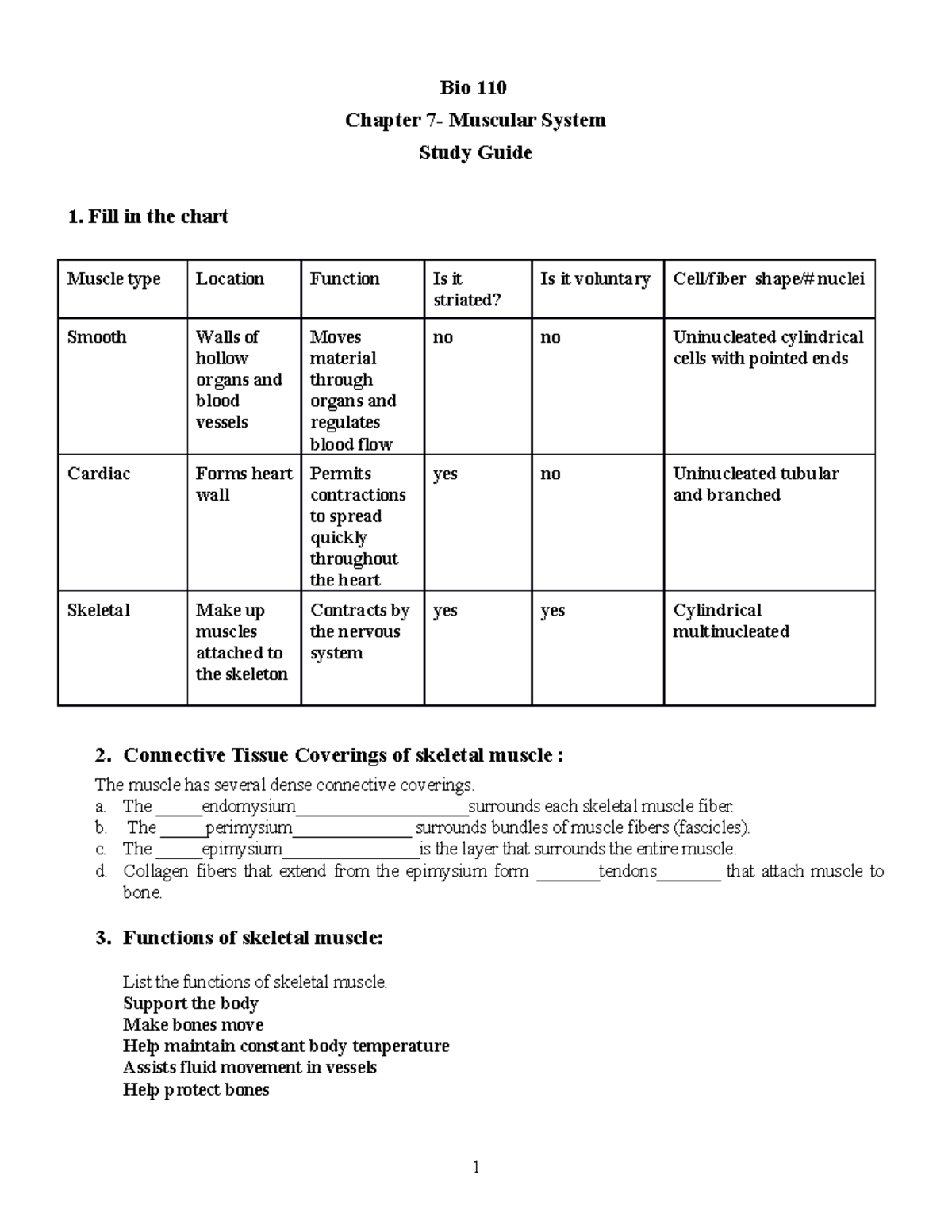 Bio 110 Chapter 7 Study Guide - Muscular System - Fall 2022 - Bio 110 Chapter 7- Muscular System ...
