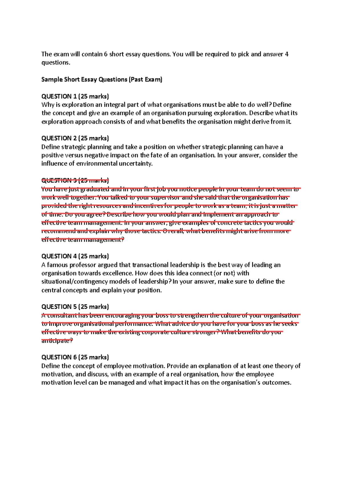 Sample Short Essay Questions Past Exam - The exam will contain 6 short ...