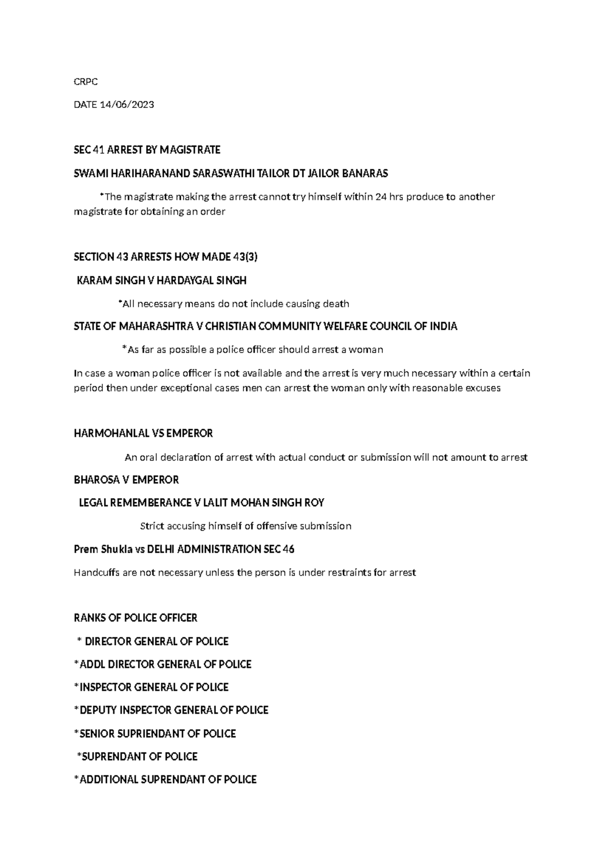 CRPC - THIS IS A BASIC INFO - CRPC DATE 14/06/ SEC 41 ARREST BY ...