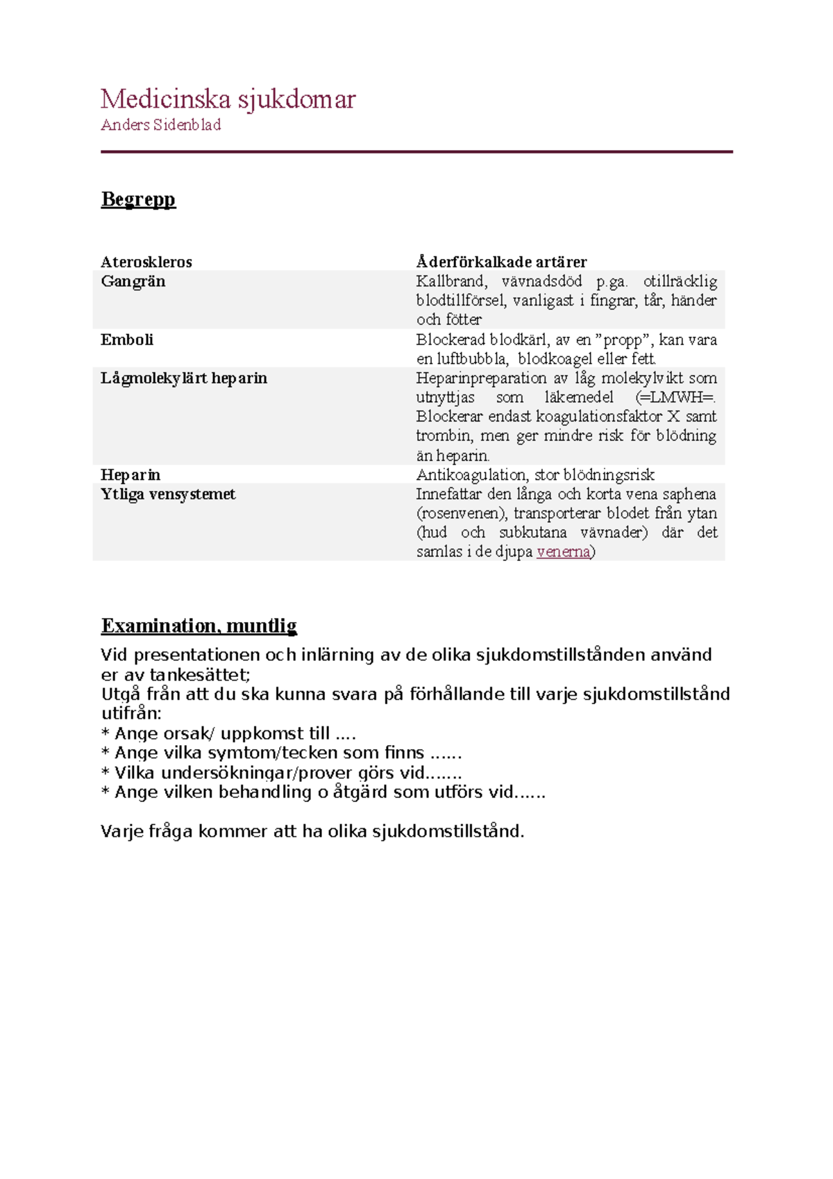Medicinska sjukdomar T3 - Medicinska sjukdomar Anders Sidenblad Begrepp ...