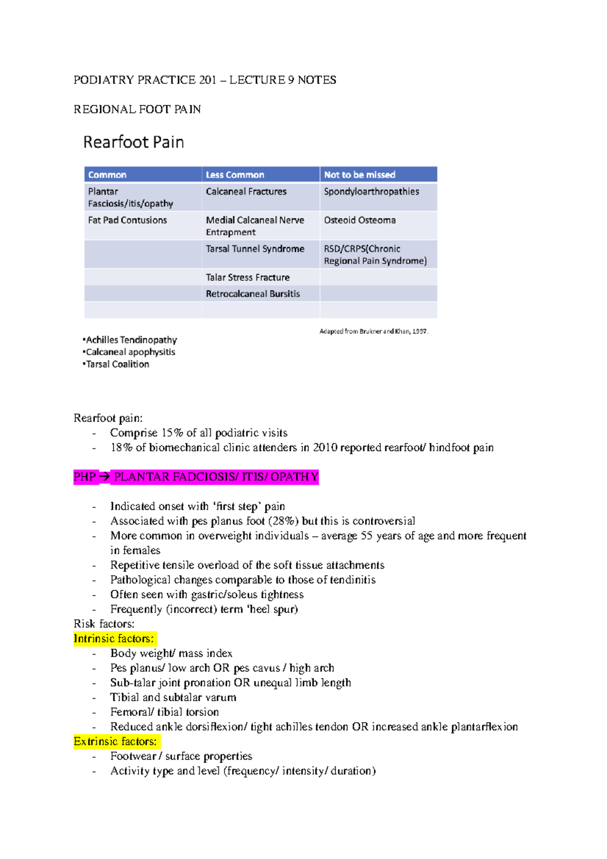 Lecture 9 Notes regional foot pain - PODIATRY PRACTICE 201 – LECTURE 9 ...