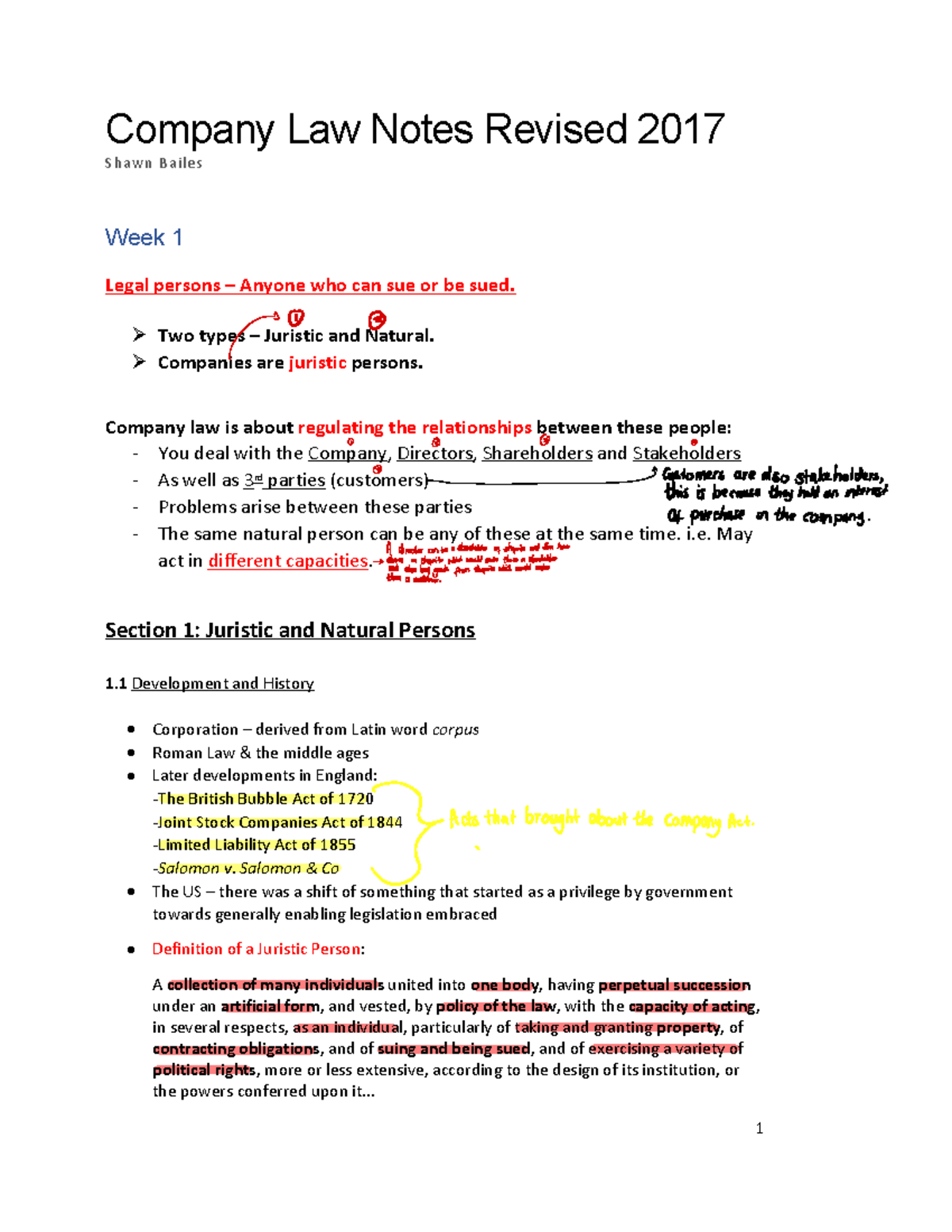 Law notes - Company Law Notes Revised 2017 Shawn Bailes Week 1 Legal ...