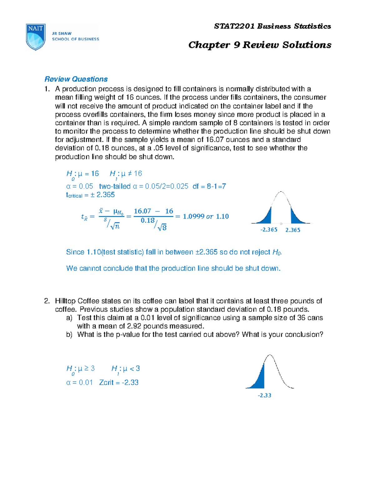 Chapter 9 review answers rev1181 - STAT2201 Business Statistics Chapter ...