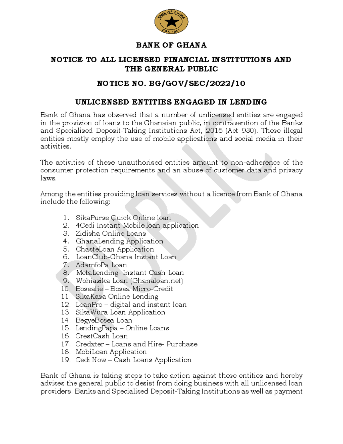 BOG Notice BG GOV SEC 2022 10 Unlicensed Entities Engaged IN Lending 22 ...